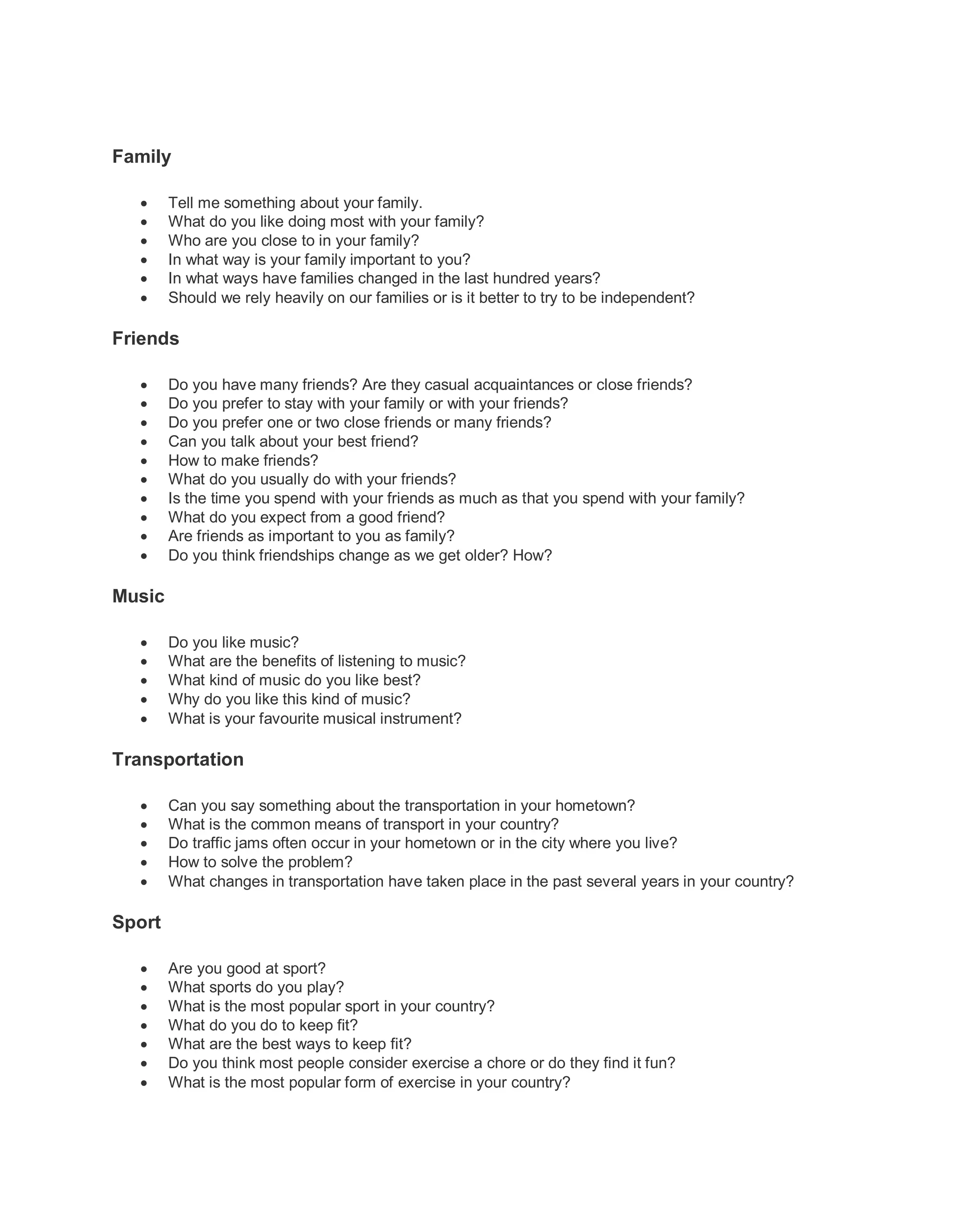 List of Speaking Sample questions of IELTS | PDF