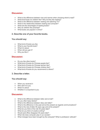 List of Speaking Sample questions of IELTS | PDF