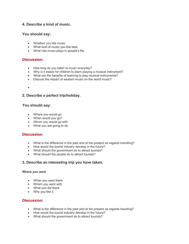 List of Speaking Sample questions of IELTS | PDF