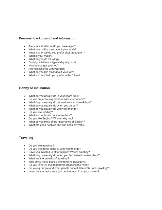 List of Speaking Sample questions of IELTS | PDF | Travel Locations ...