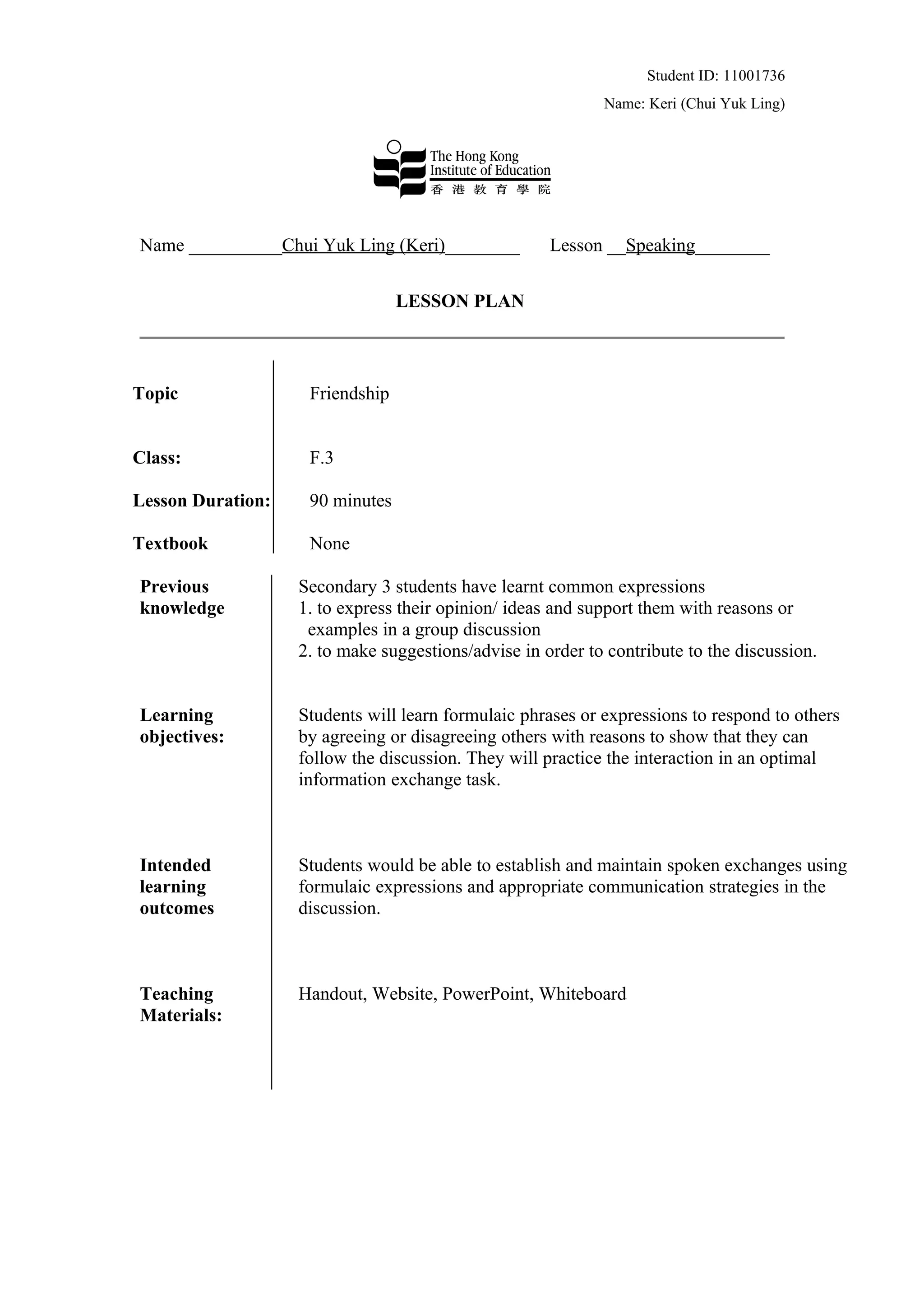 Speaking lesson plan | DOC