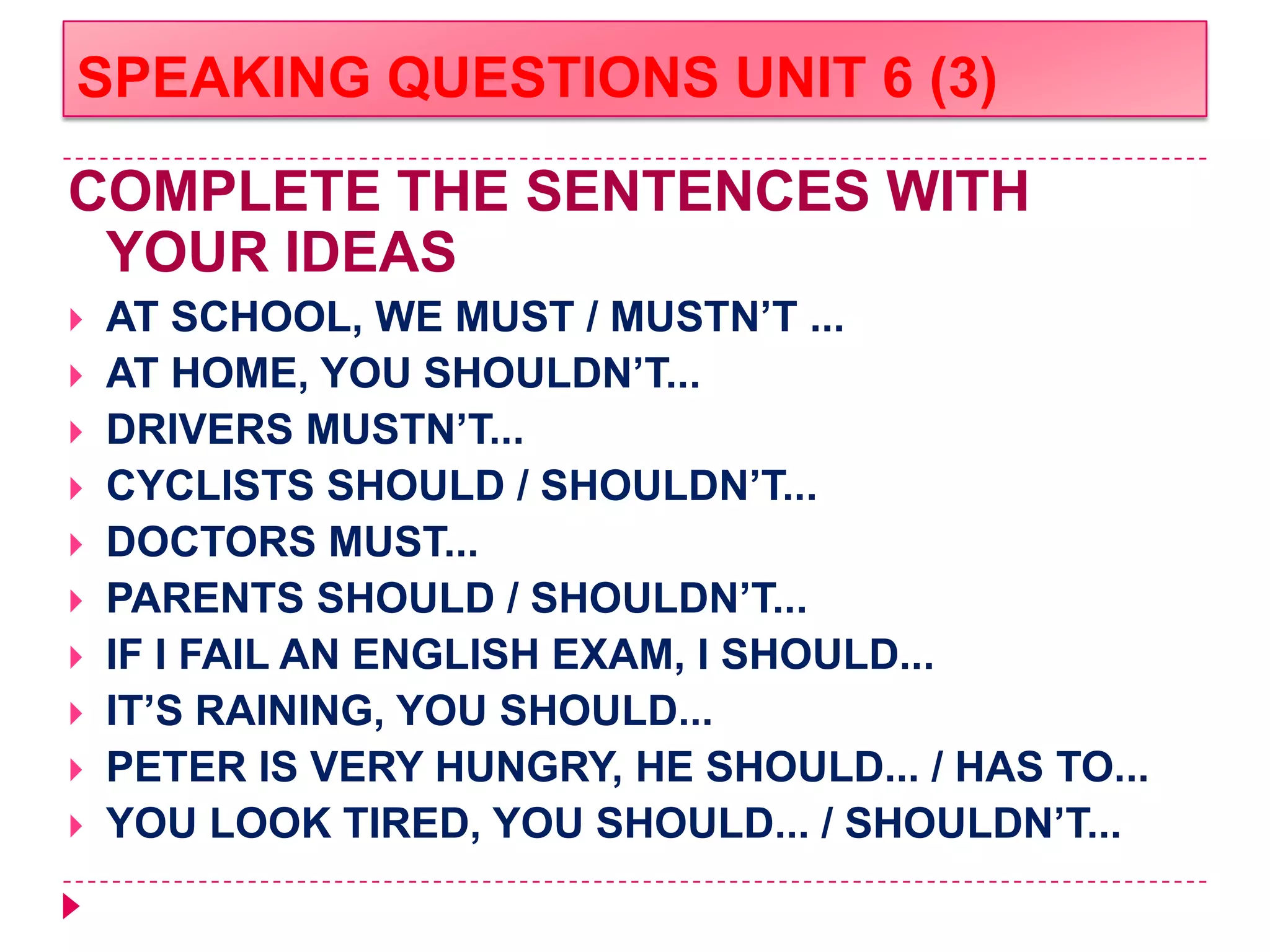 Speaking questions 3rd_ESO_unit6 | PPTX