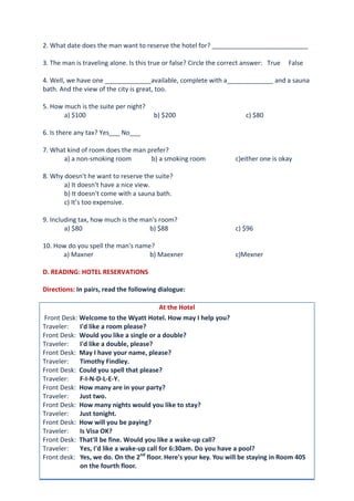 Speaking Skill Building Hotel Reservation | PDF