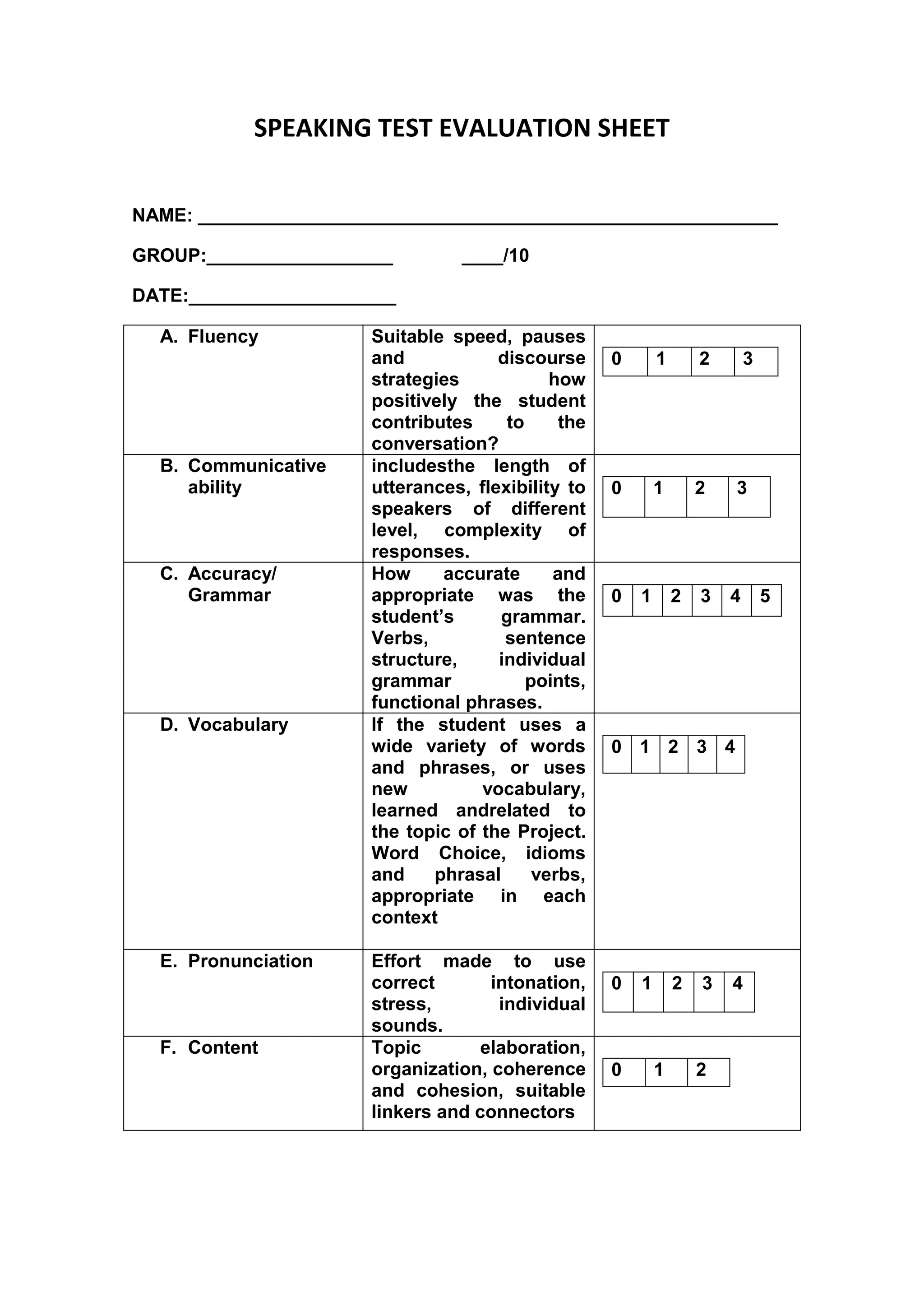Speaking test evaluation sheet | DOCX