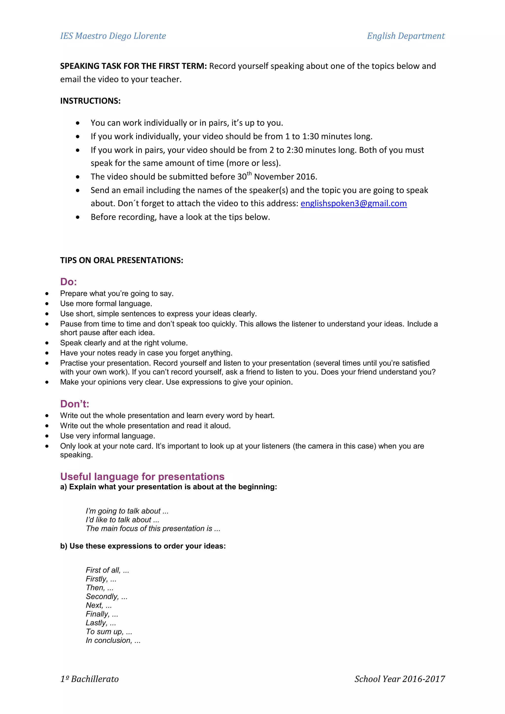 Speaking Task for the First Term | PDF