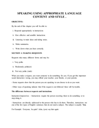 Speaking using appropriate language content and style . | DOCX