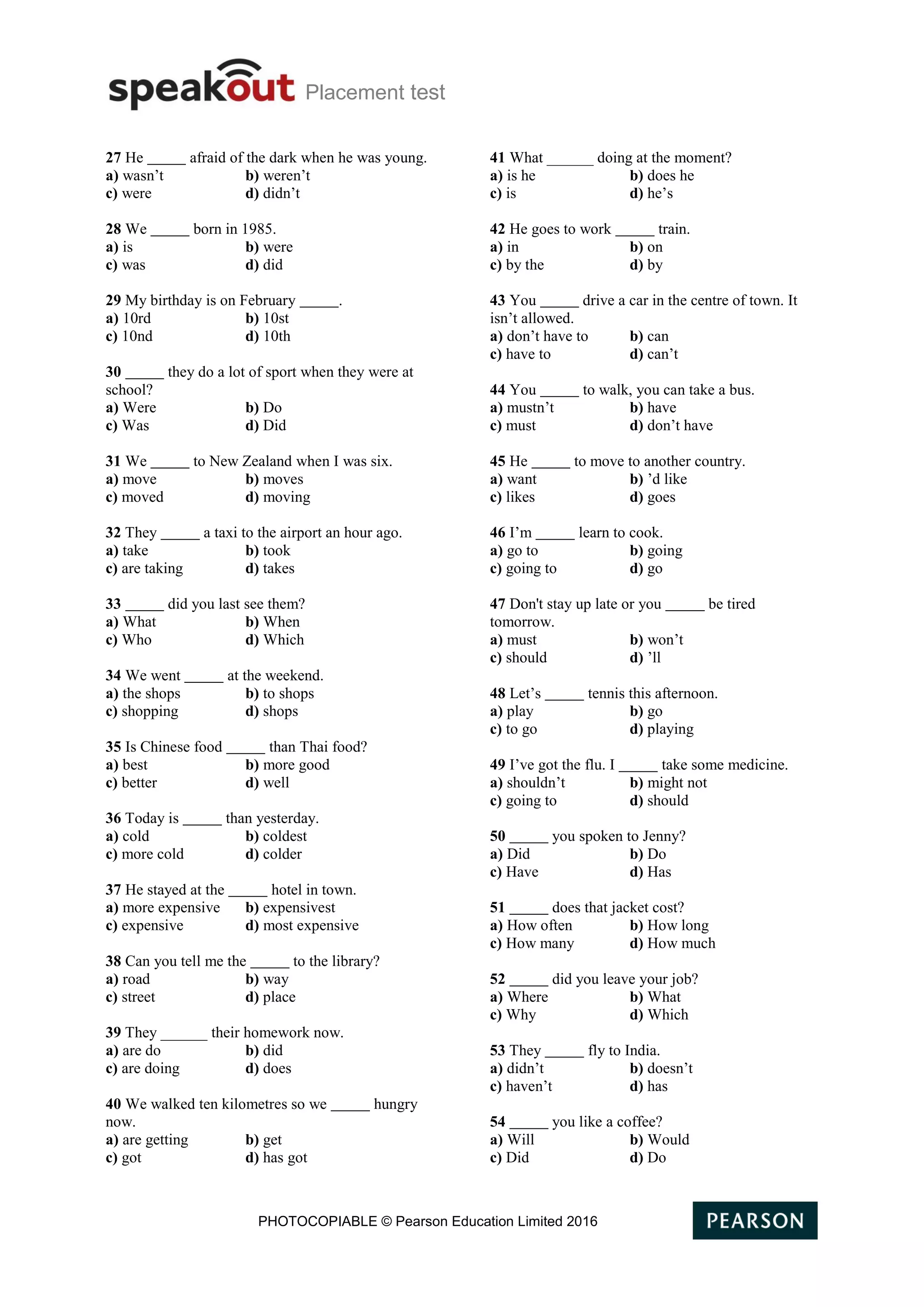 Speak out placement test | PDF