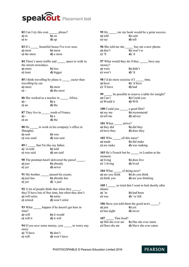 Speak out placement test | PDF | Standardized Testing | Educational ...