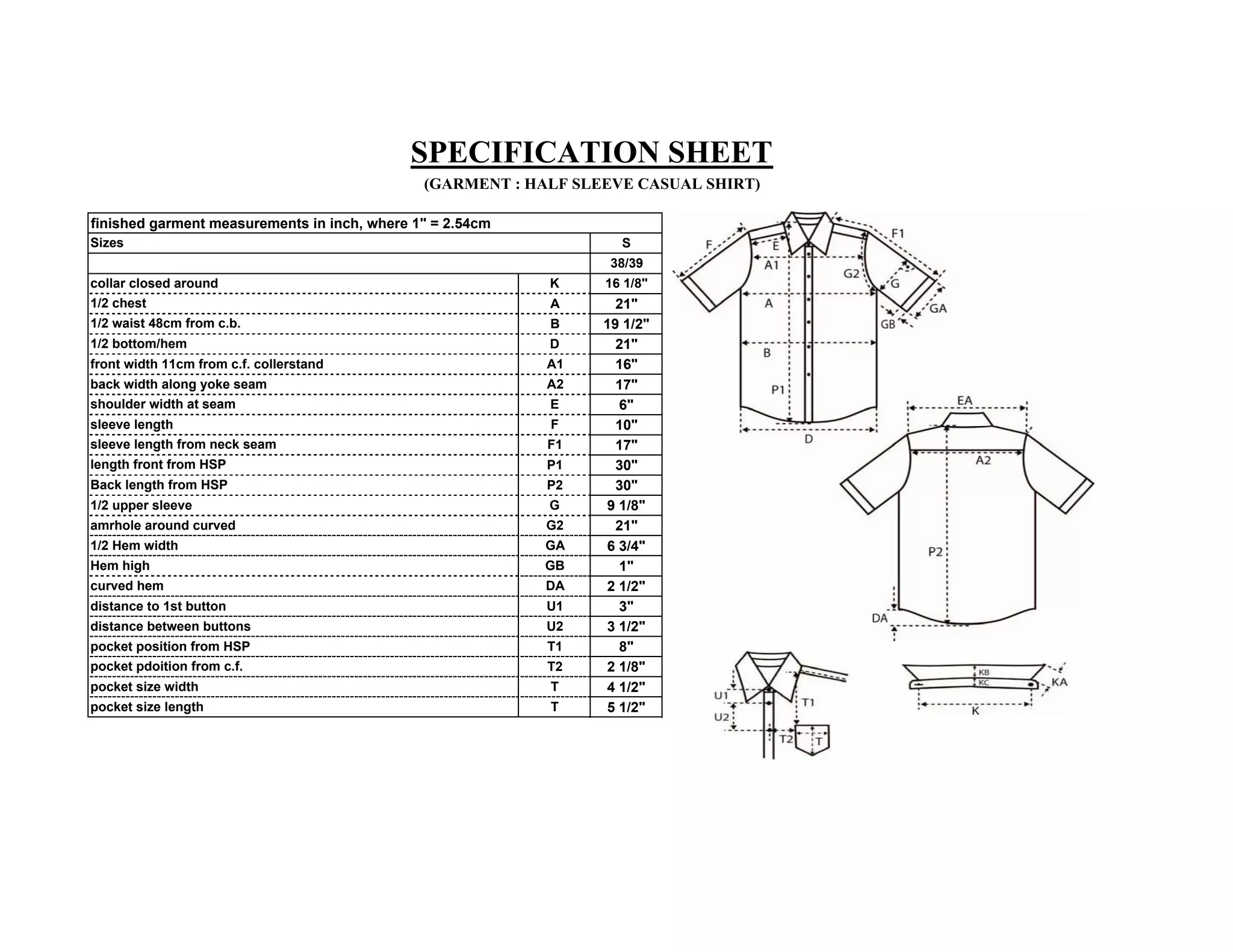 Spec Sheet of a casual shirt | PDF