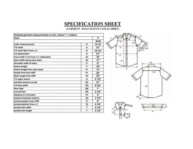 Spec Sheet of a casual shirt | PDF