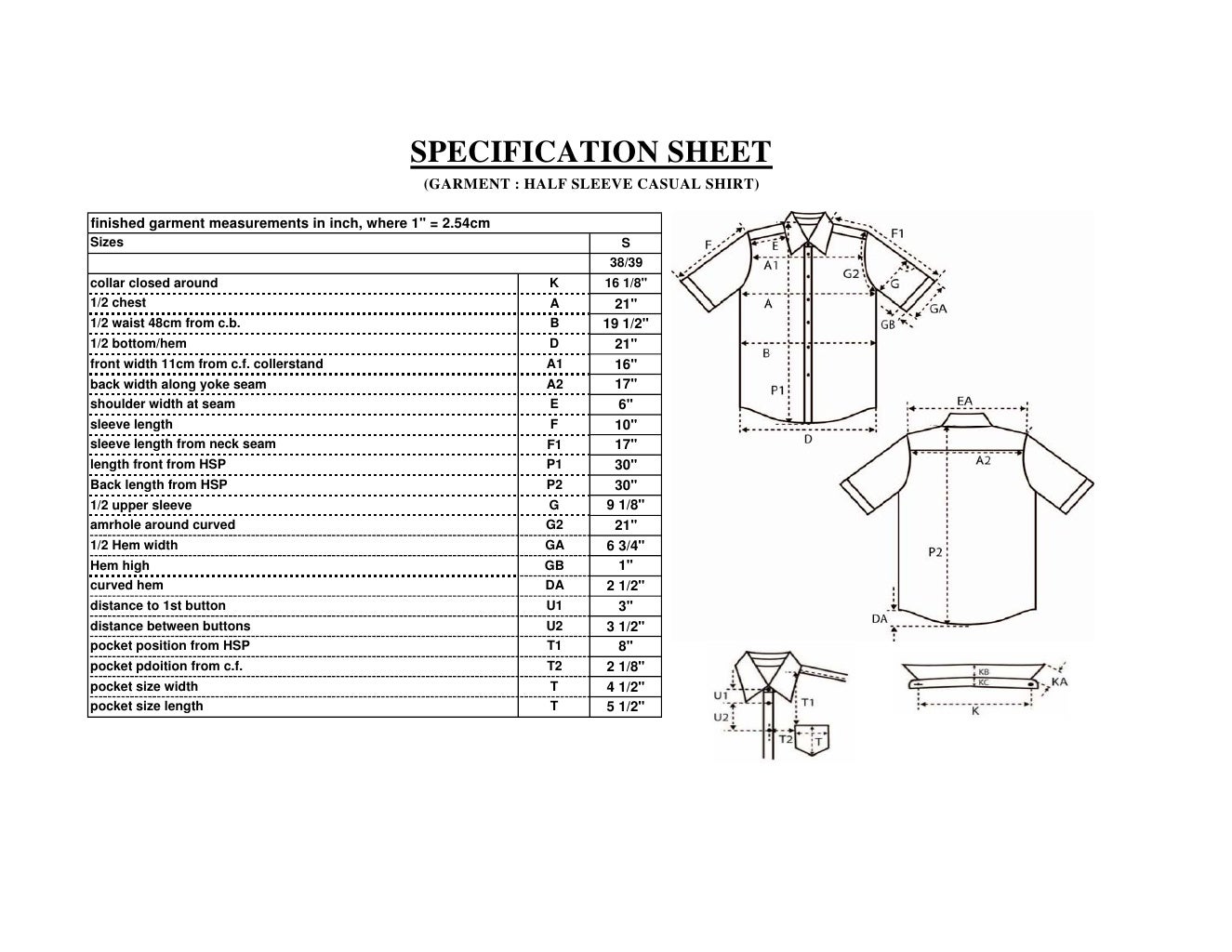 Spec Sheet of a casual shirt