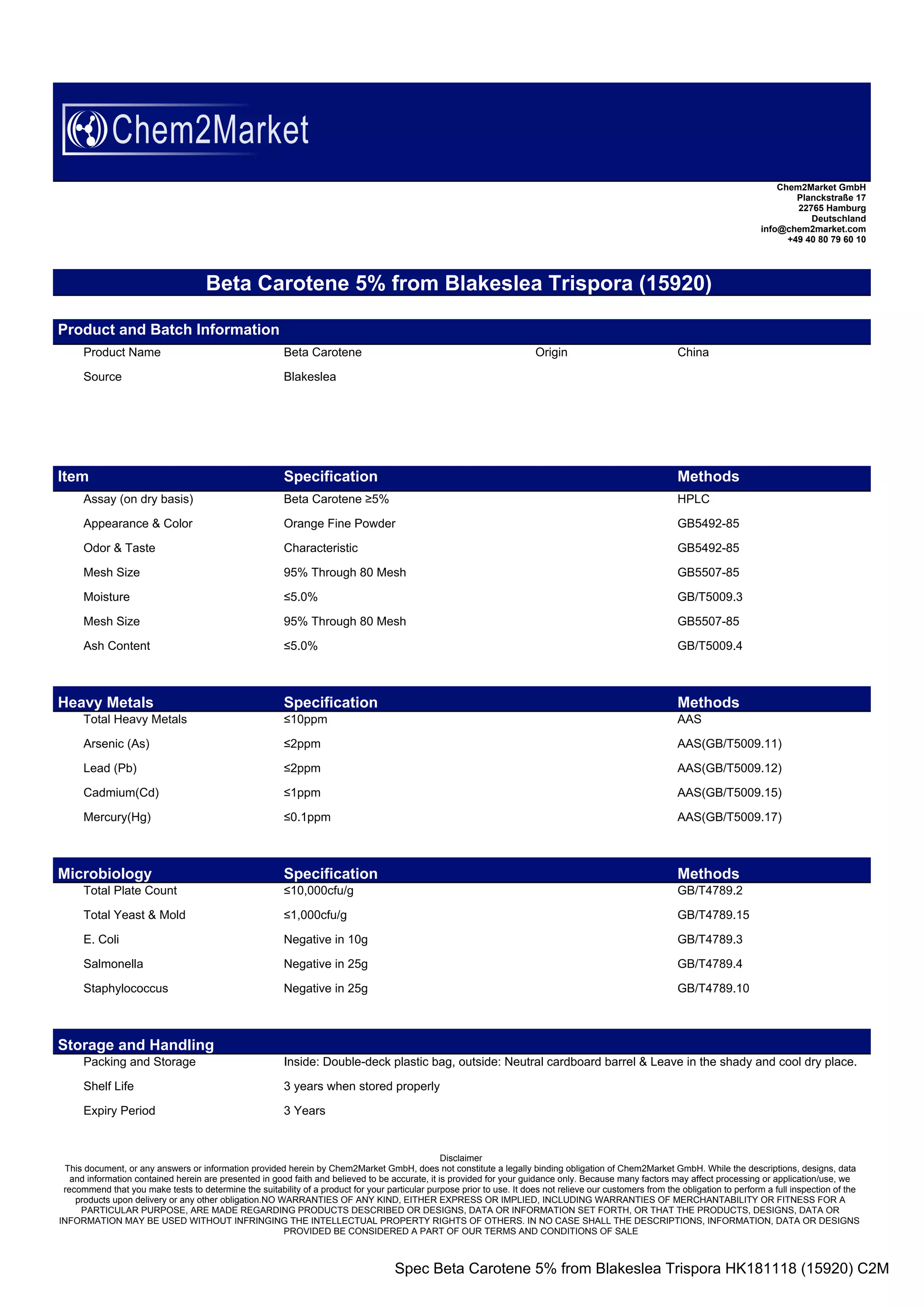 Spec beta carotene 5% from blakeslea trispora (15920) c2 m | PDF