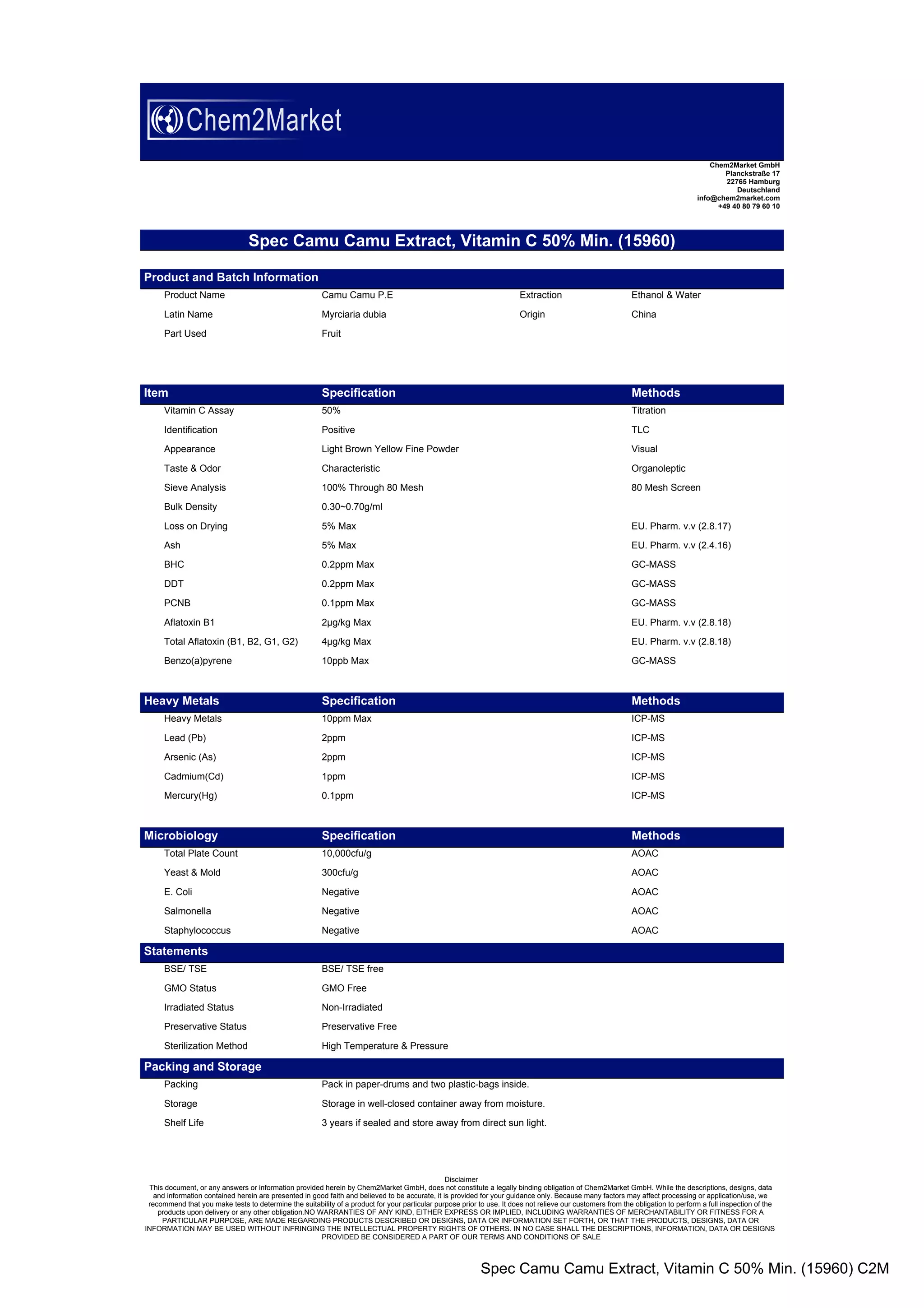 Spec camu camu extract, vitamin c 50% min. (15960) C2M | PDF