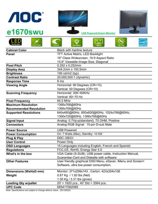 Monitor e1670swu Especificaciones | PDF