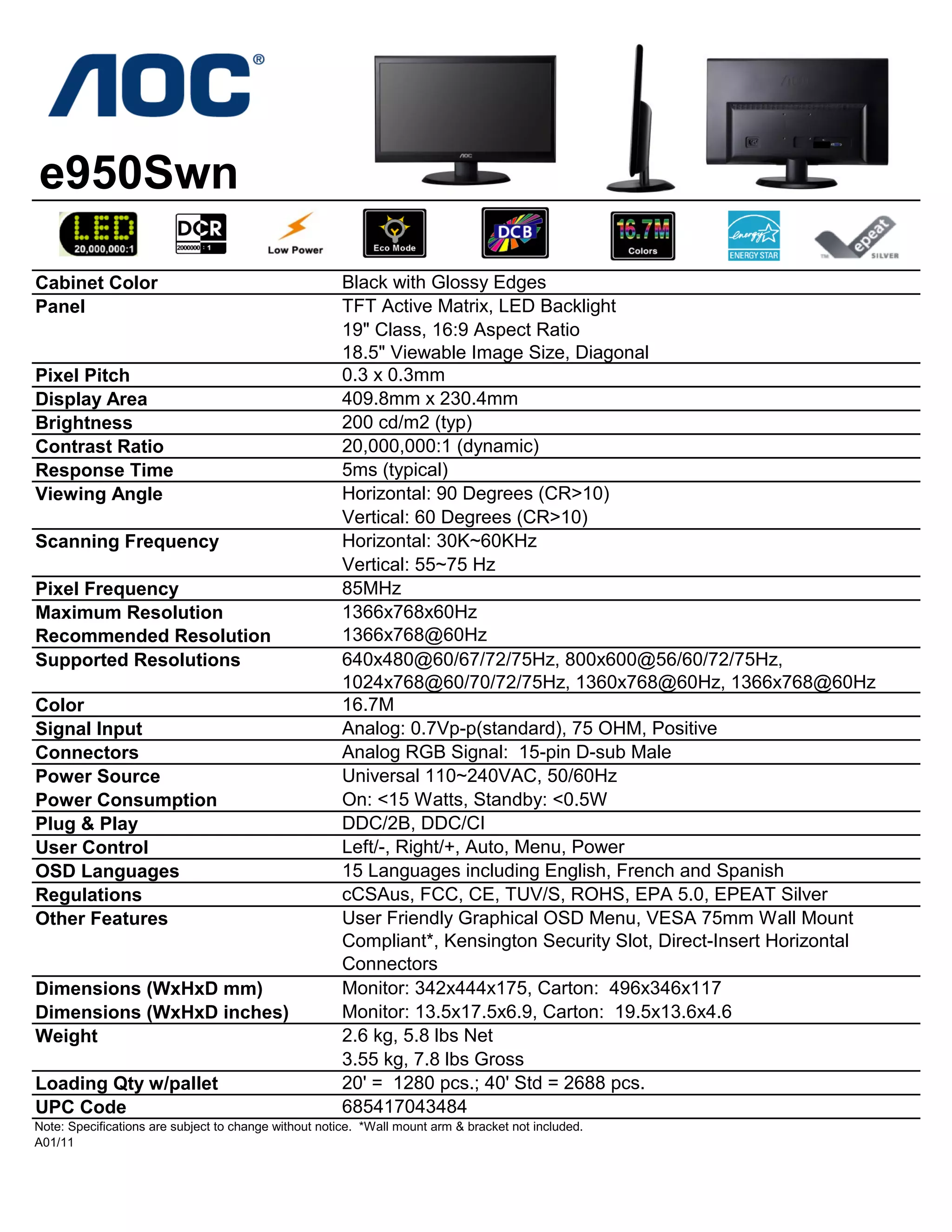 Monitor e950Swn Especificaciones | PDF