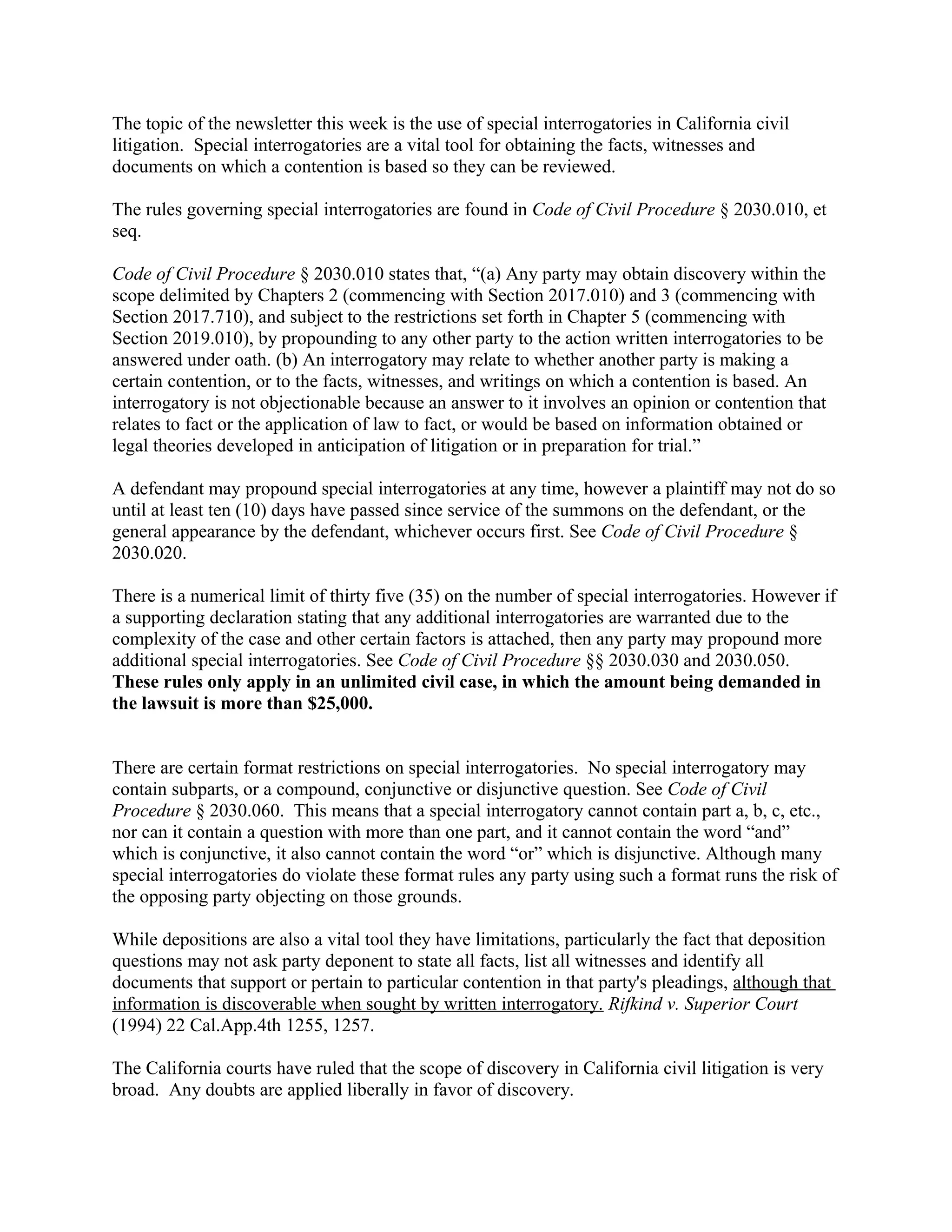 Special interogatories in California litigation | DOC