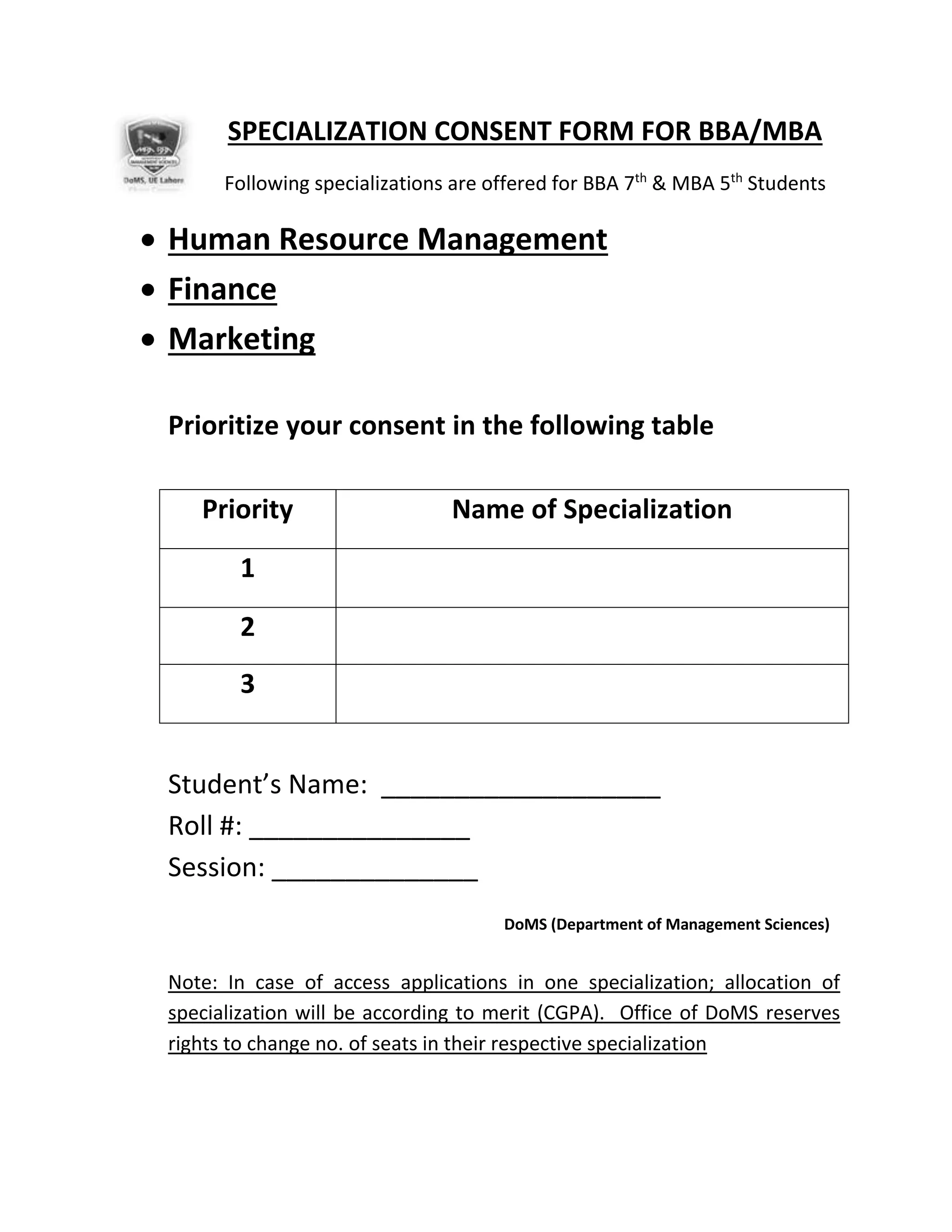 Specialization consent form for BBA/MBA | PDF