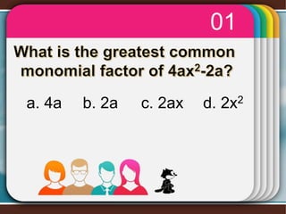 MATH 8 QUIZ BEE feat. Special products and common monomial factors | PPT