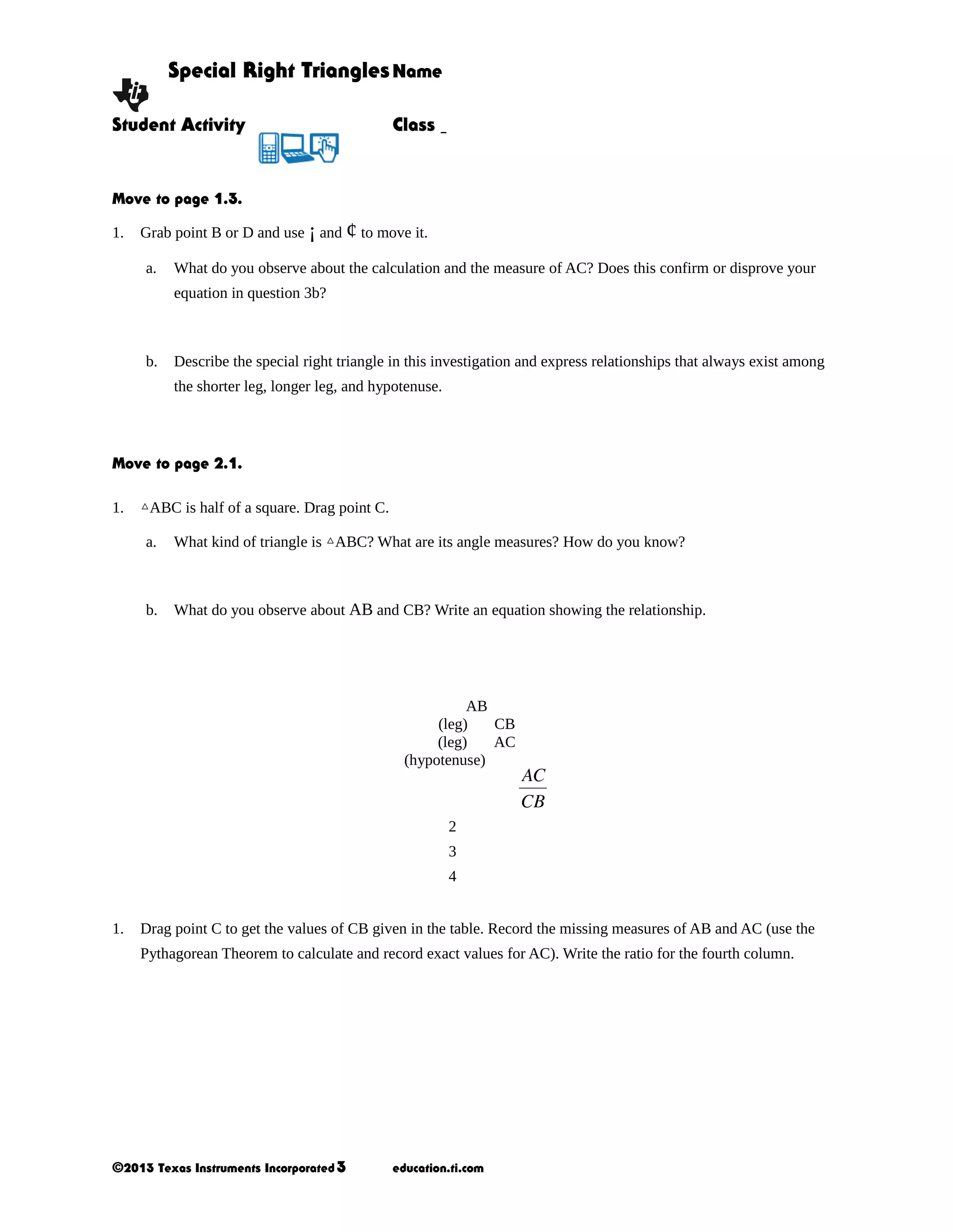 Special Right Triangles NSpire Explore | PDF
