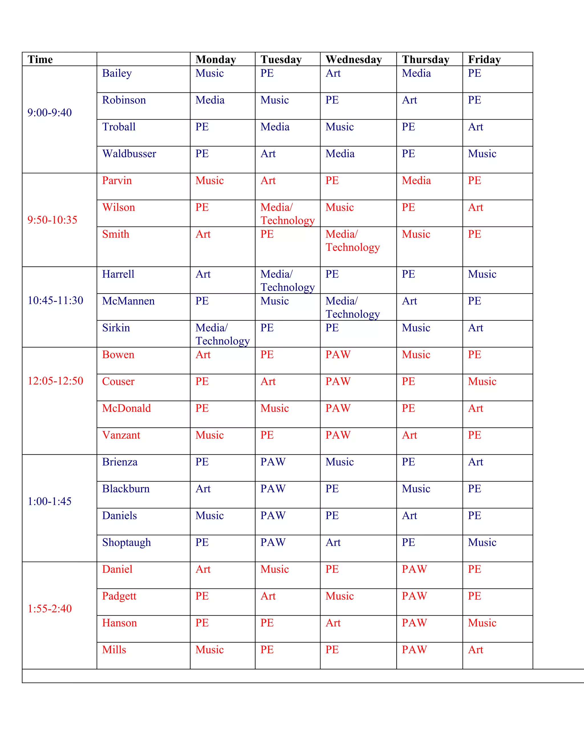 Specials Schedule By Teacher | PDF
