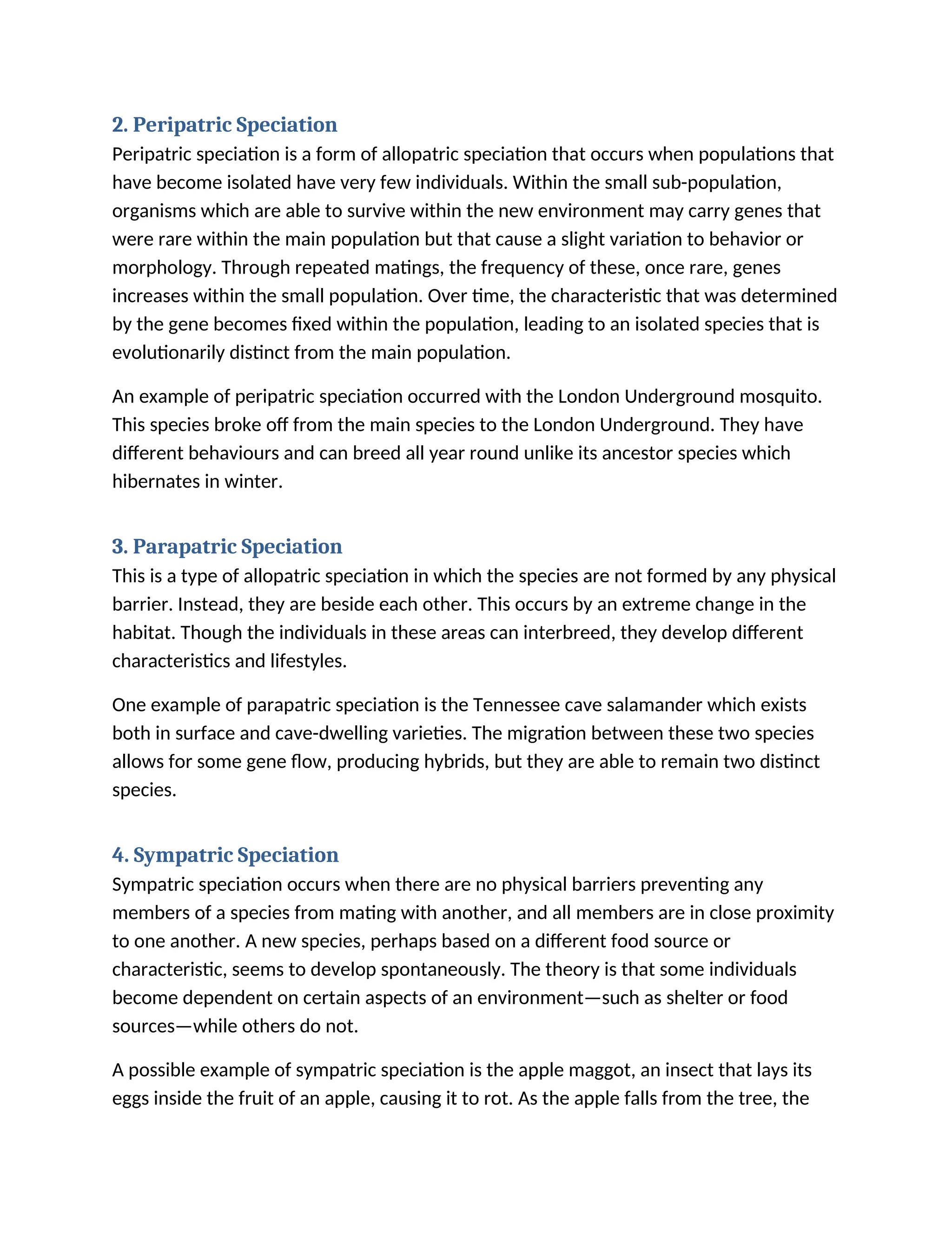 Speciation - Types of speciation (Allopatric, peripatric, parapatric ...