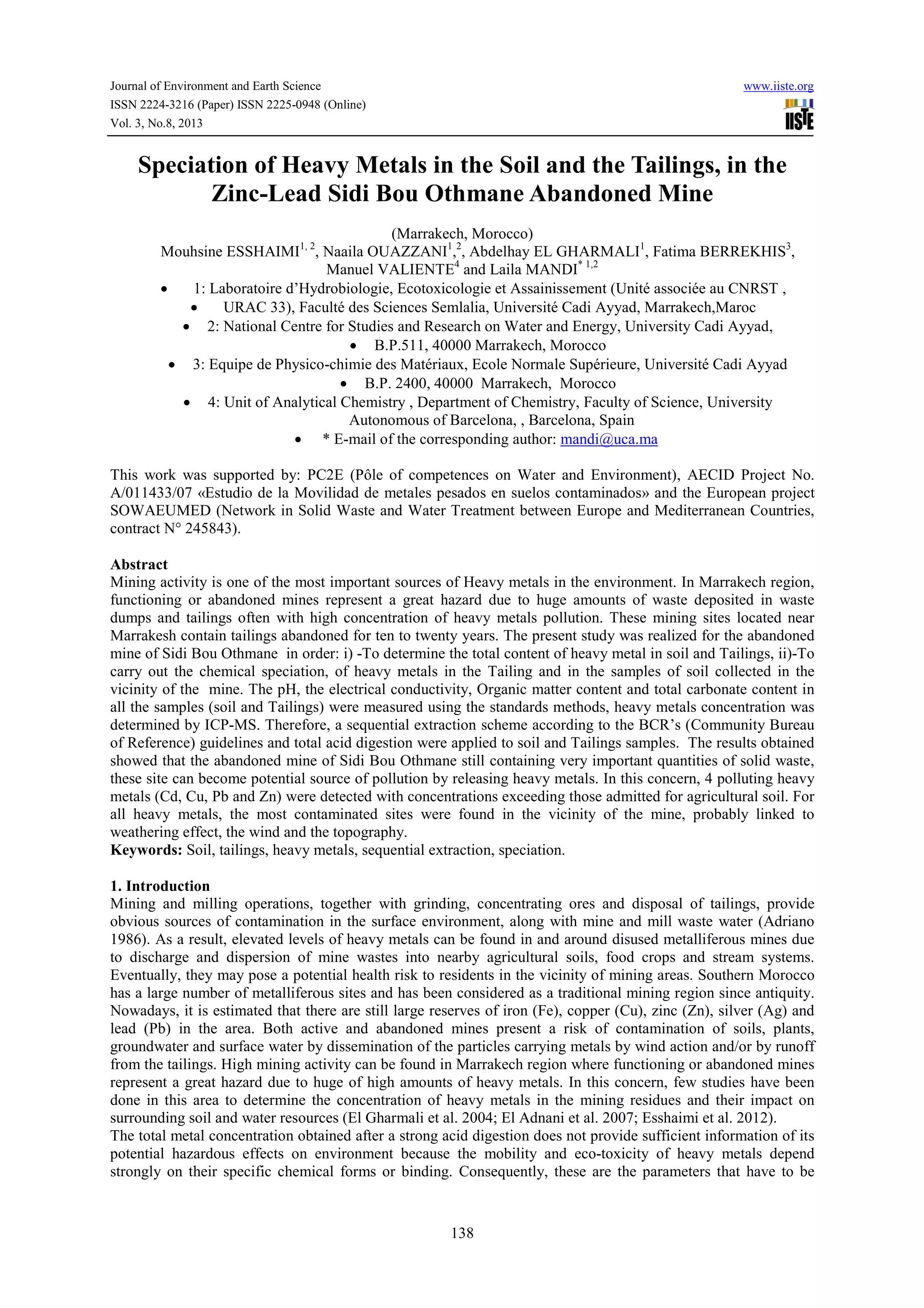 Speciation of heavy metals in the soil and the tailings, in the zinc lead sidi bou othmane ...