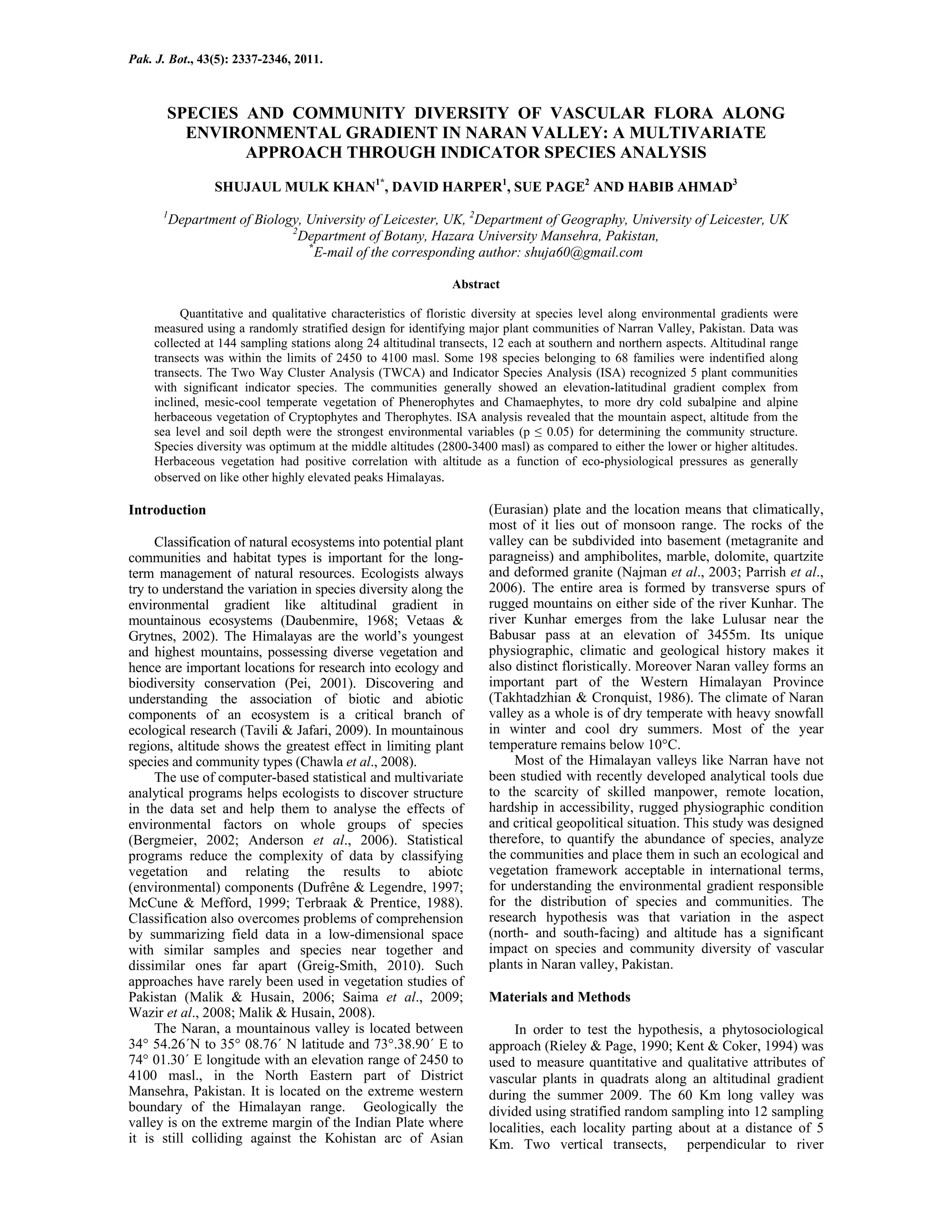 Species and Community Diversity of Vascular Flora along Environmental Gradient in Naran Valley ...