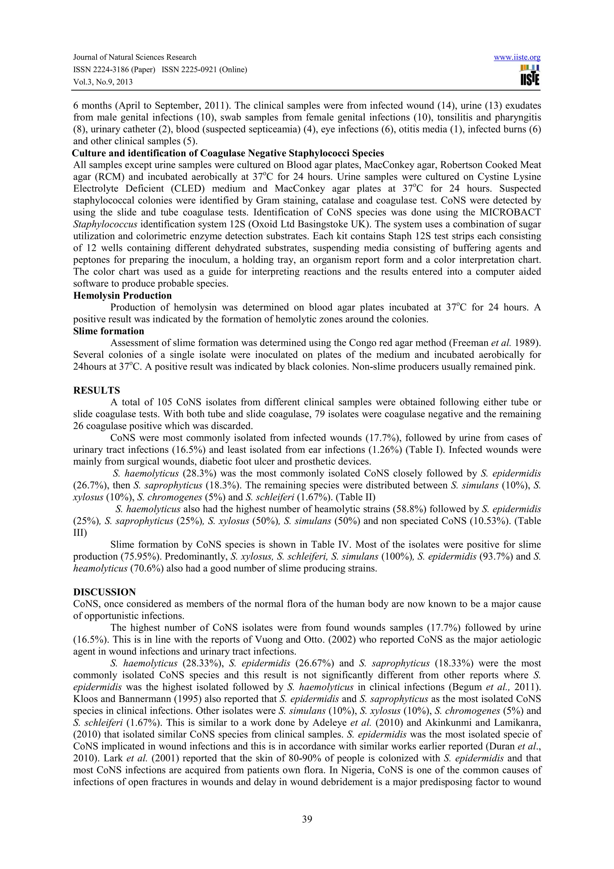 Species distribution and virulence factors of coagulase negative ...
