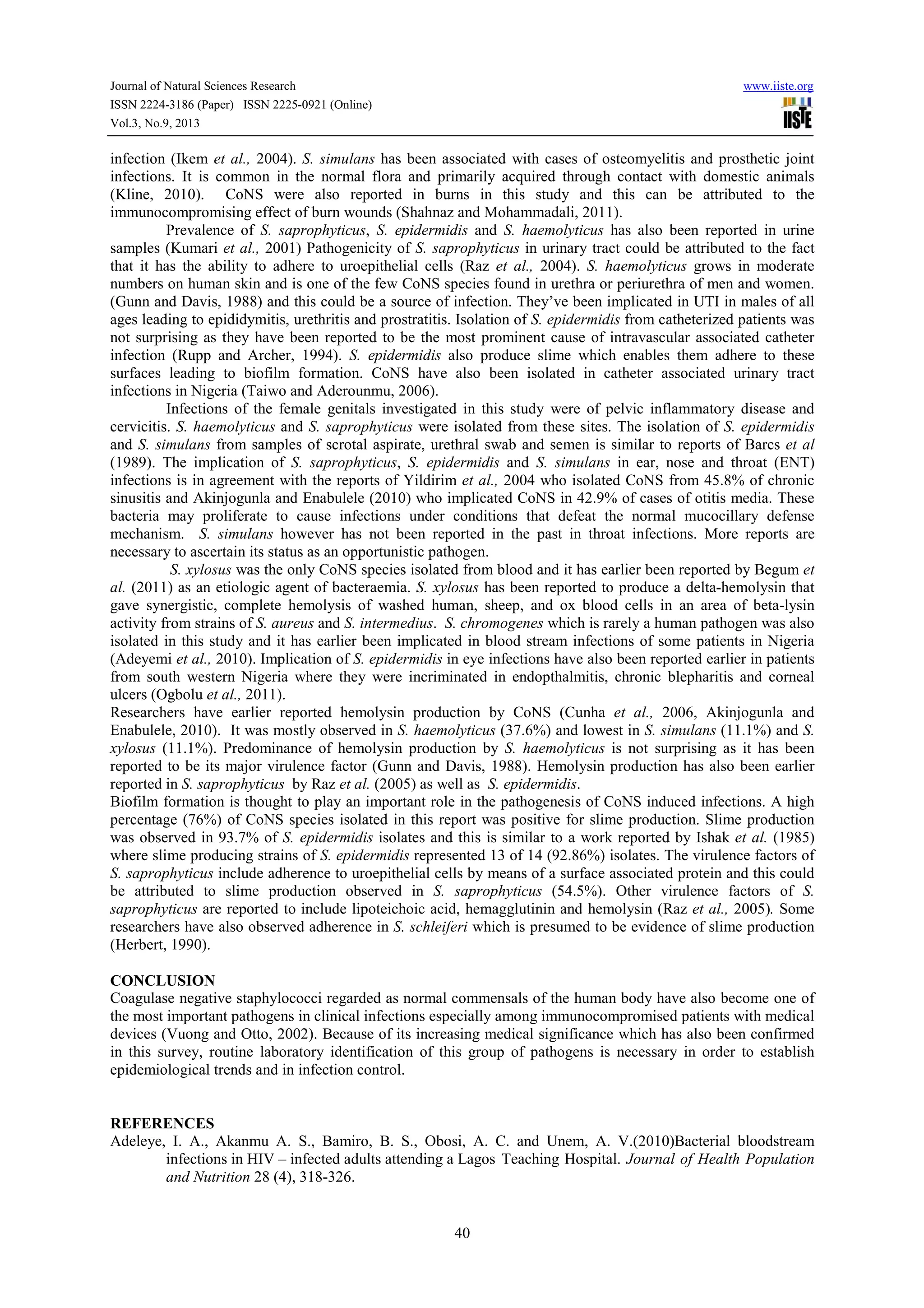 Species distribution and virulence factors of coagulase negative ...