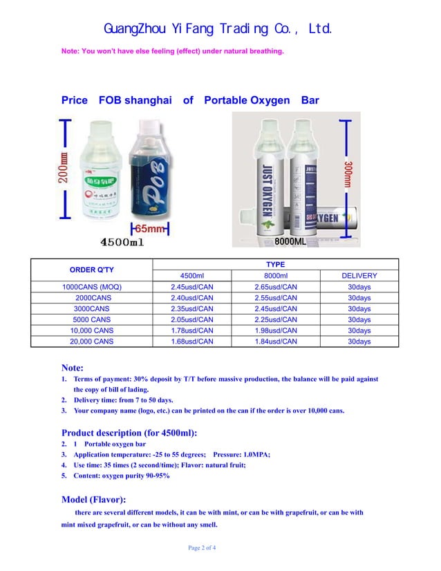 Specification And Price List For Portable Oxygen Bar | PDF