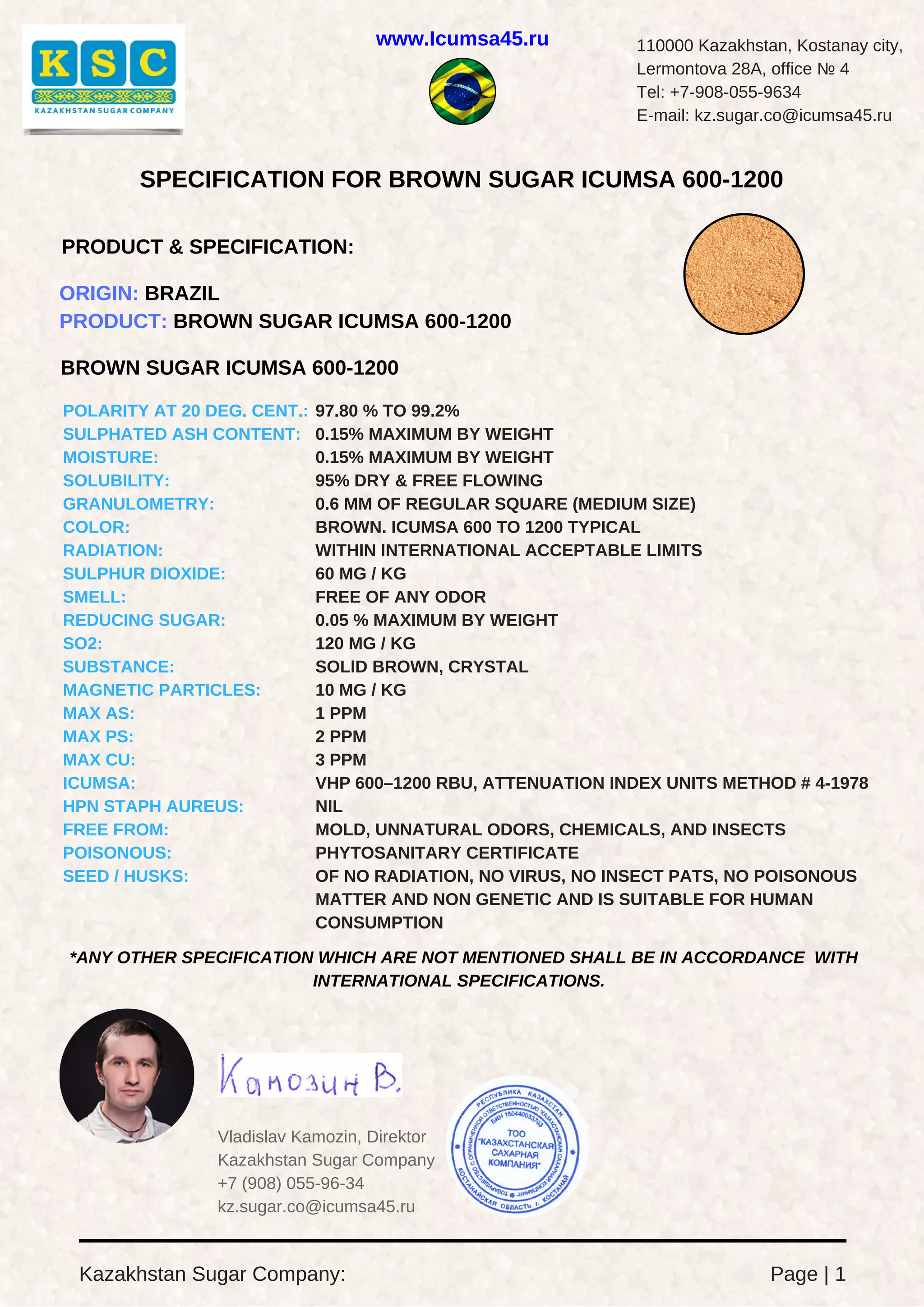 SPECIFICATION FOR BROWN SUGAR ICUMSA 600-1200 BRAZIL | PDF