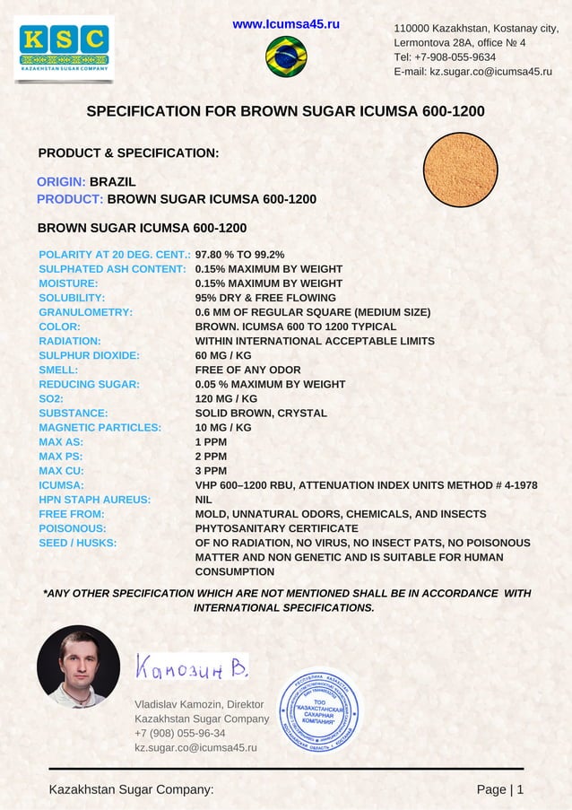 SPECIFICATION FOR BROWN SUGAR ICUMSA 600-1200 BRAZIL | PDF
