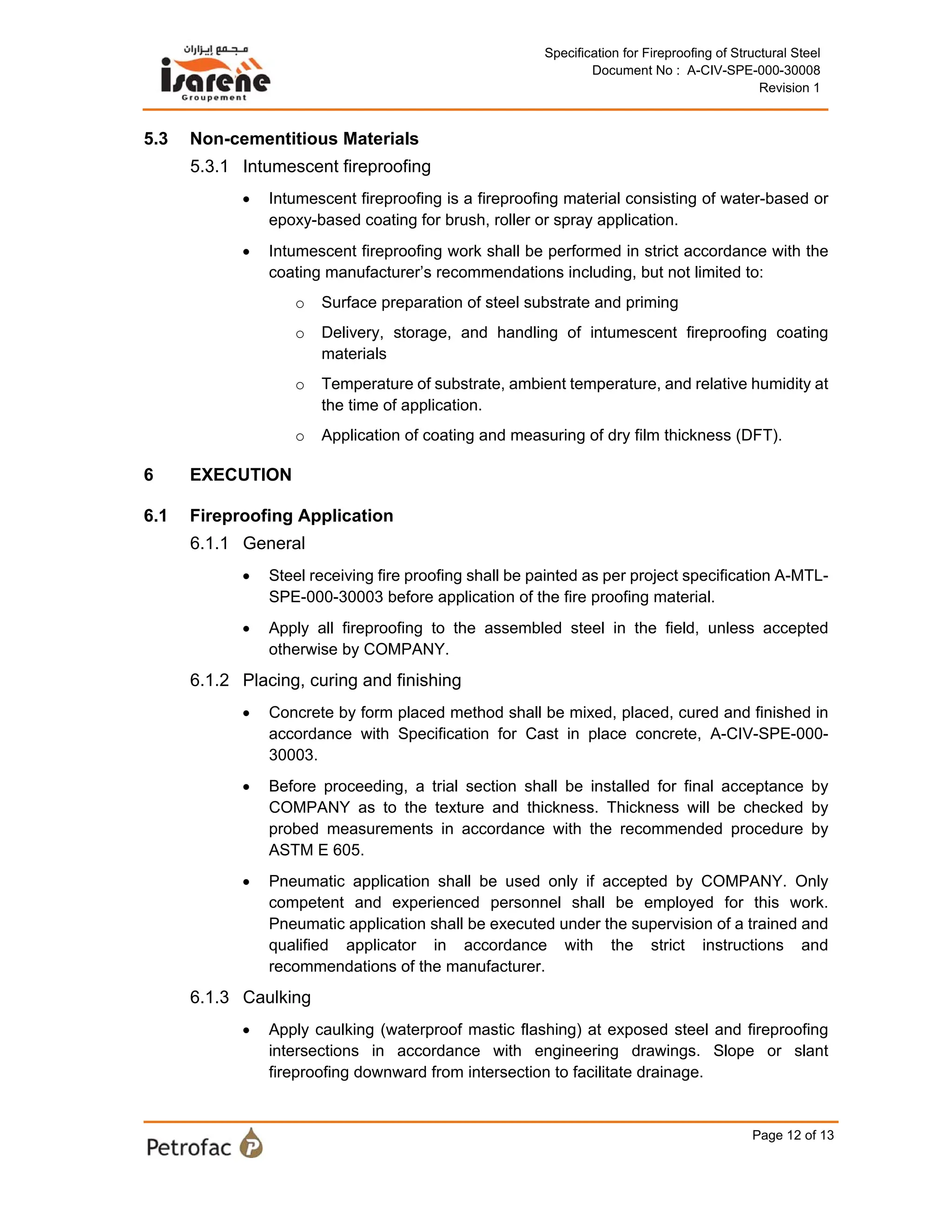 Specification for Fireproofing of Structural Steel A-CIV-SPE-000-30008 ...
