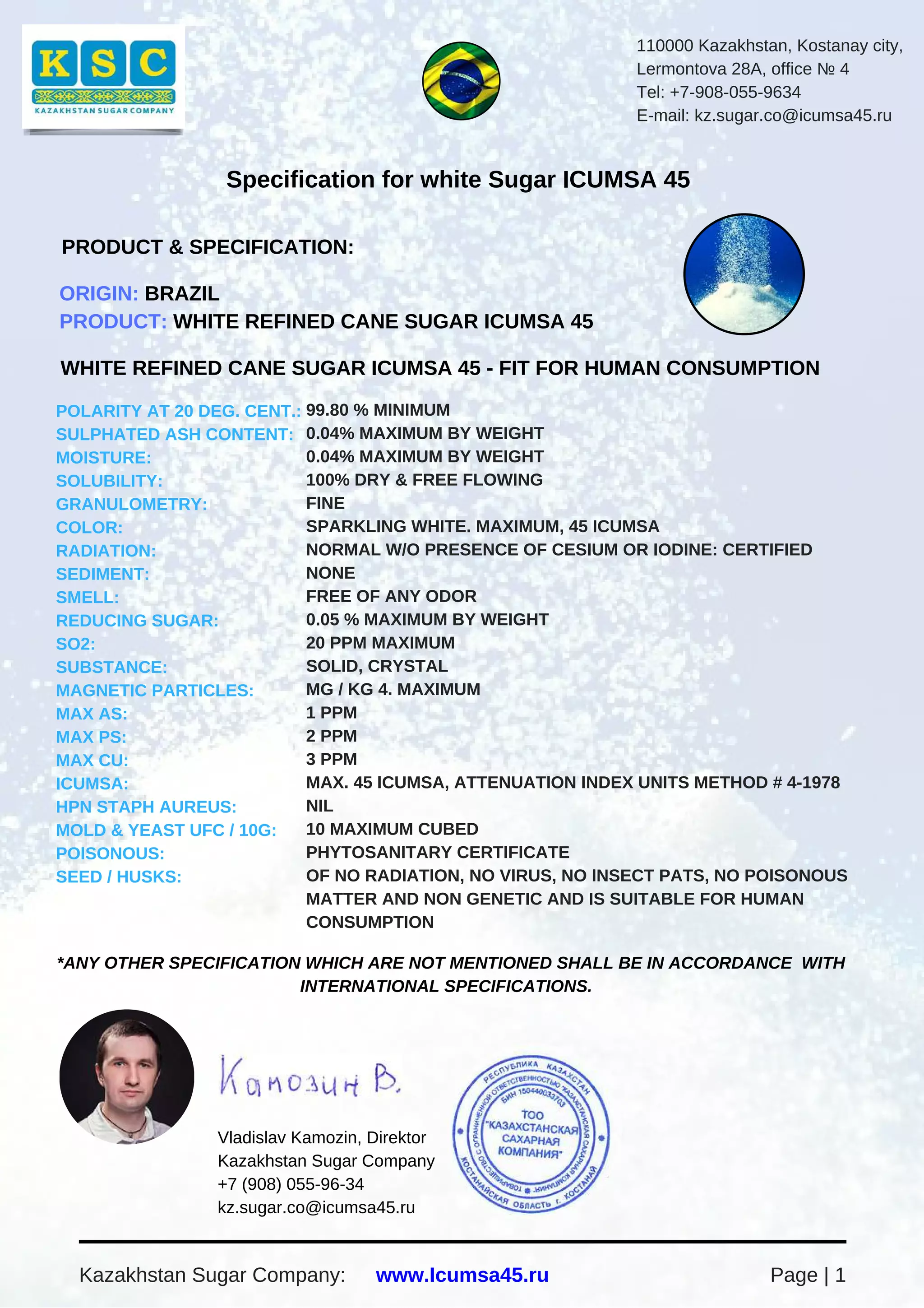 SPECIFICATION FOR WHITE SUGAR ICUMSA 45 BRAZIL | PDF