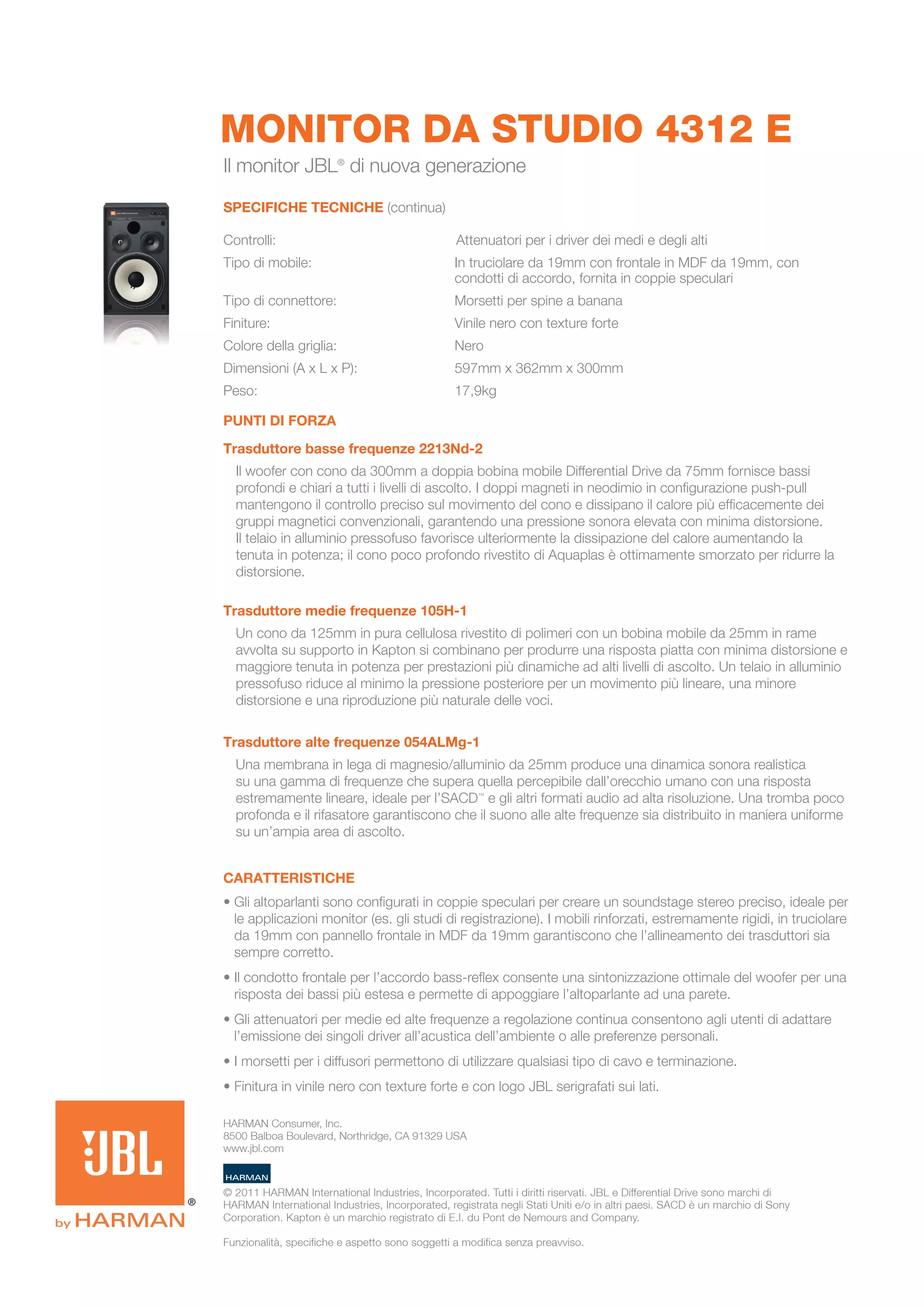 Specification sheet studio monitor 4312 e (italian) | PDF