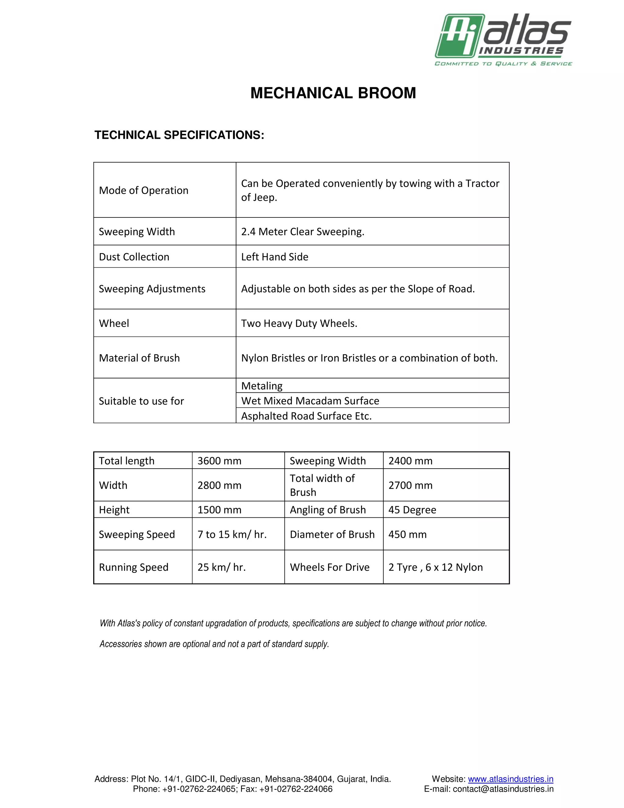 Specifications Of Mechanical Broom - Atlas Industries | PDF