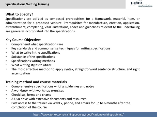 Specifications Writing Training by Tonex | PPT