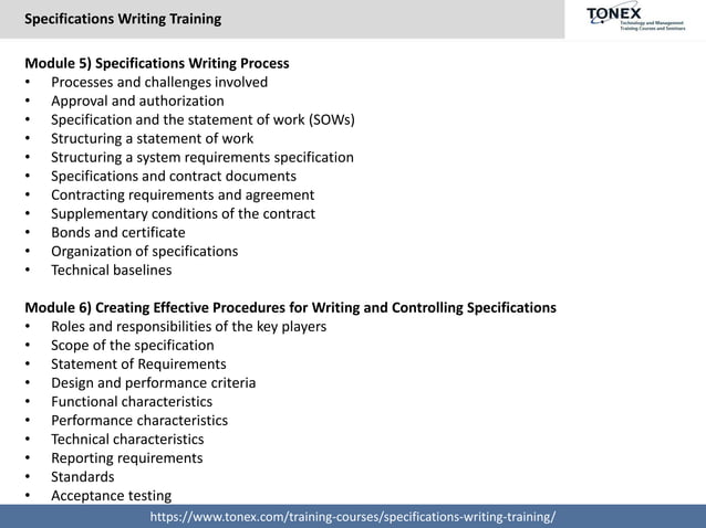 Specifications Writing Training by Tonex | PPT