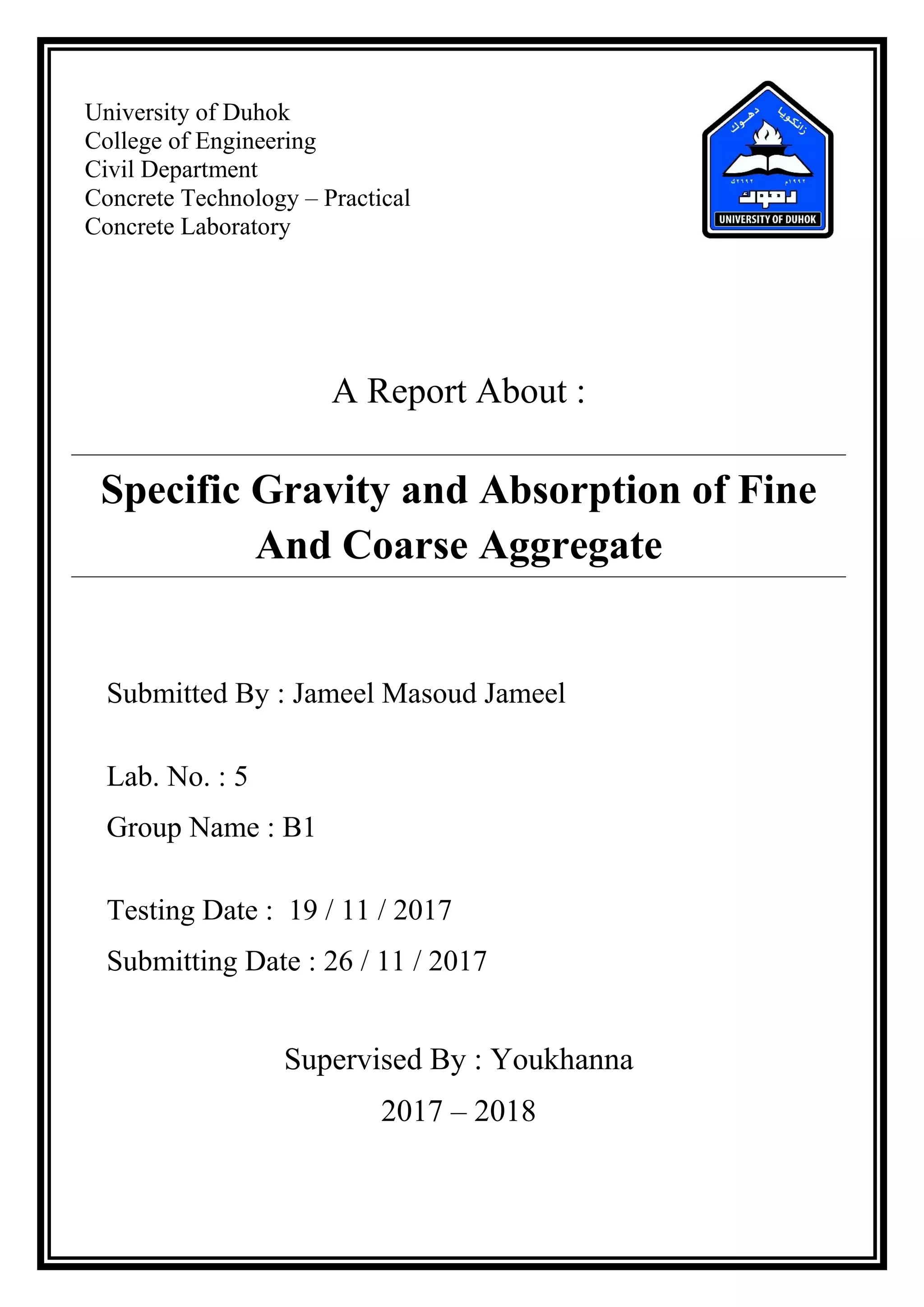 Specific Gravity And Absorption Of Aggregate Coarse And Fine Jameel
