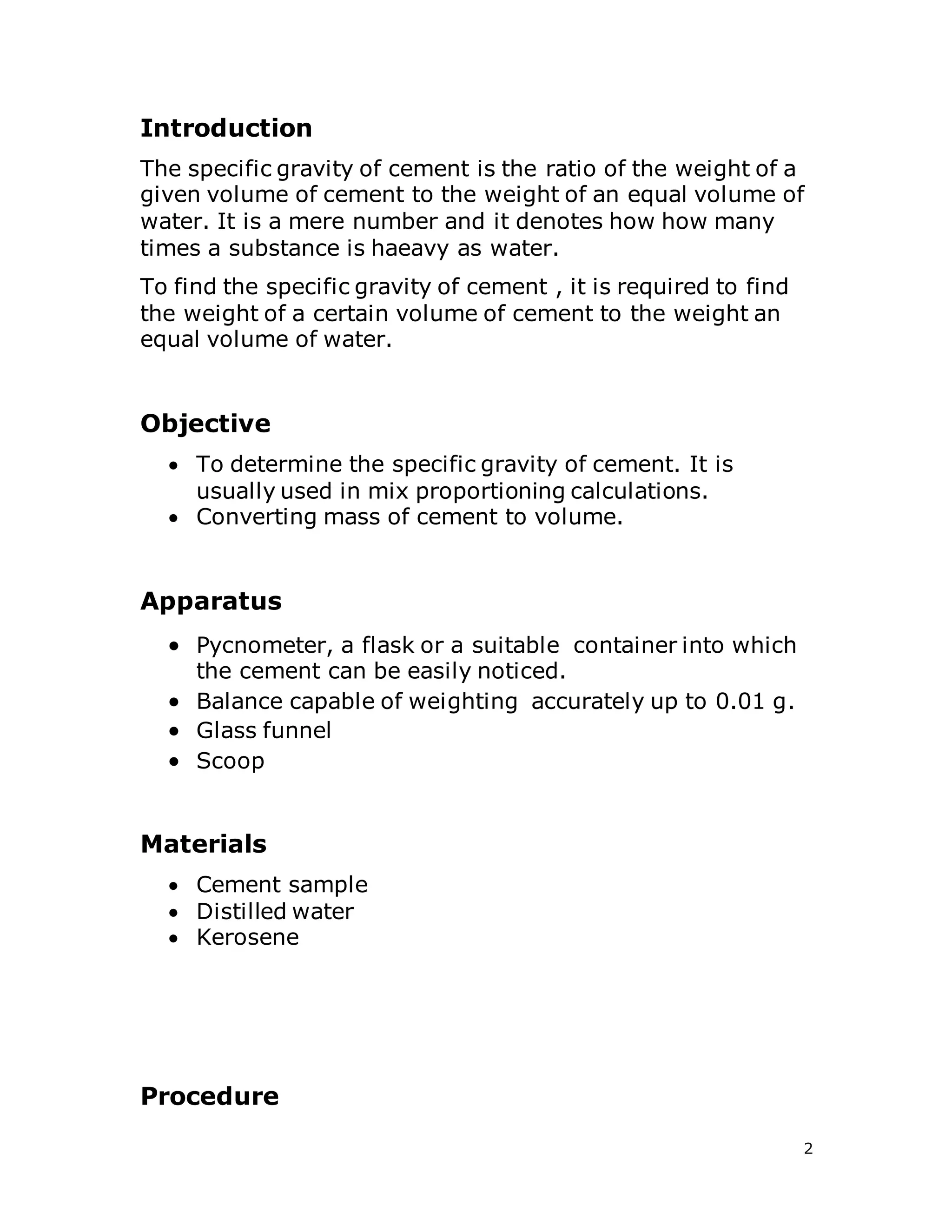Specific Gravity of Cement | DOCX