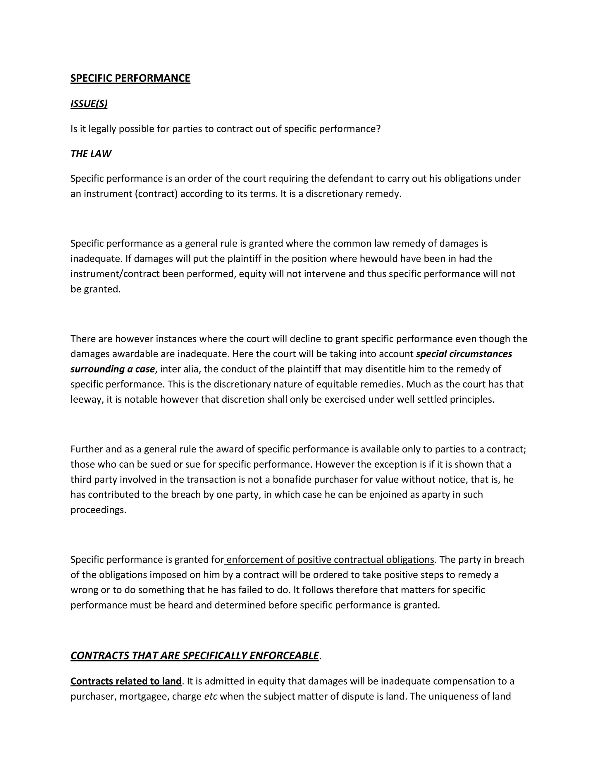Specific performance, can parties contract out | DOCX