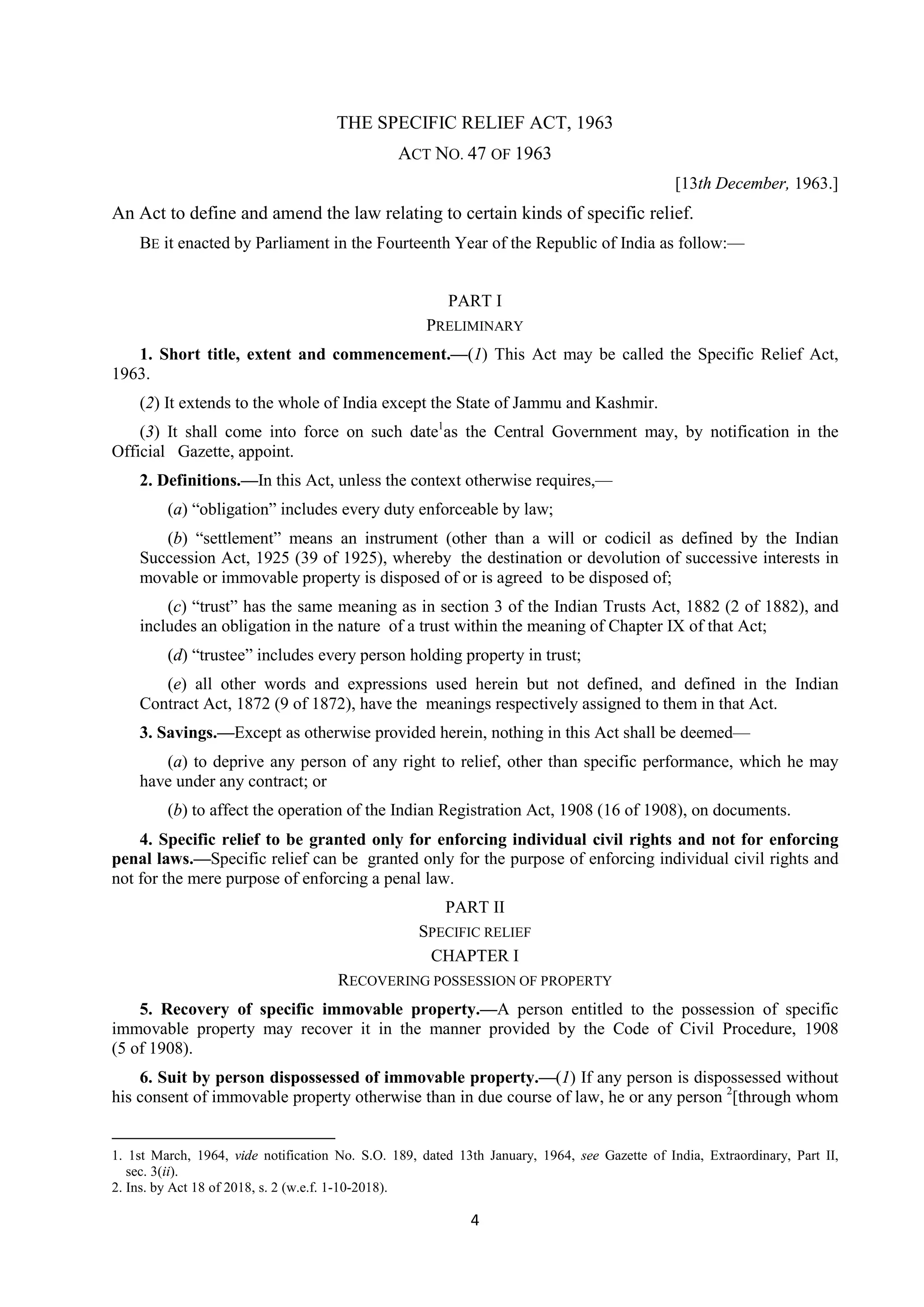 Specific Relief Act 1963 | PDF