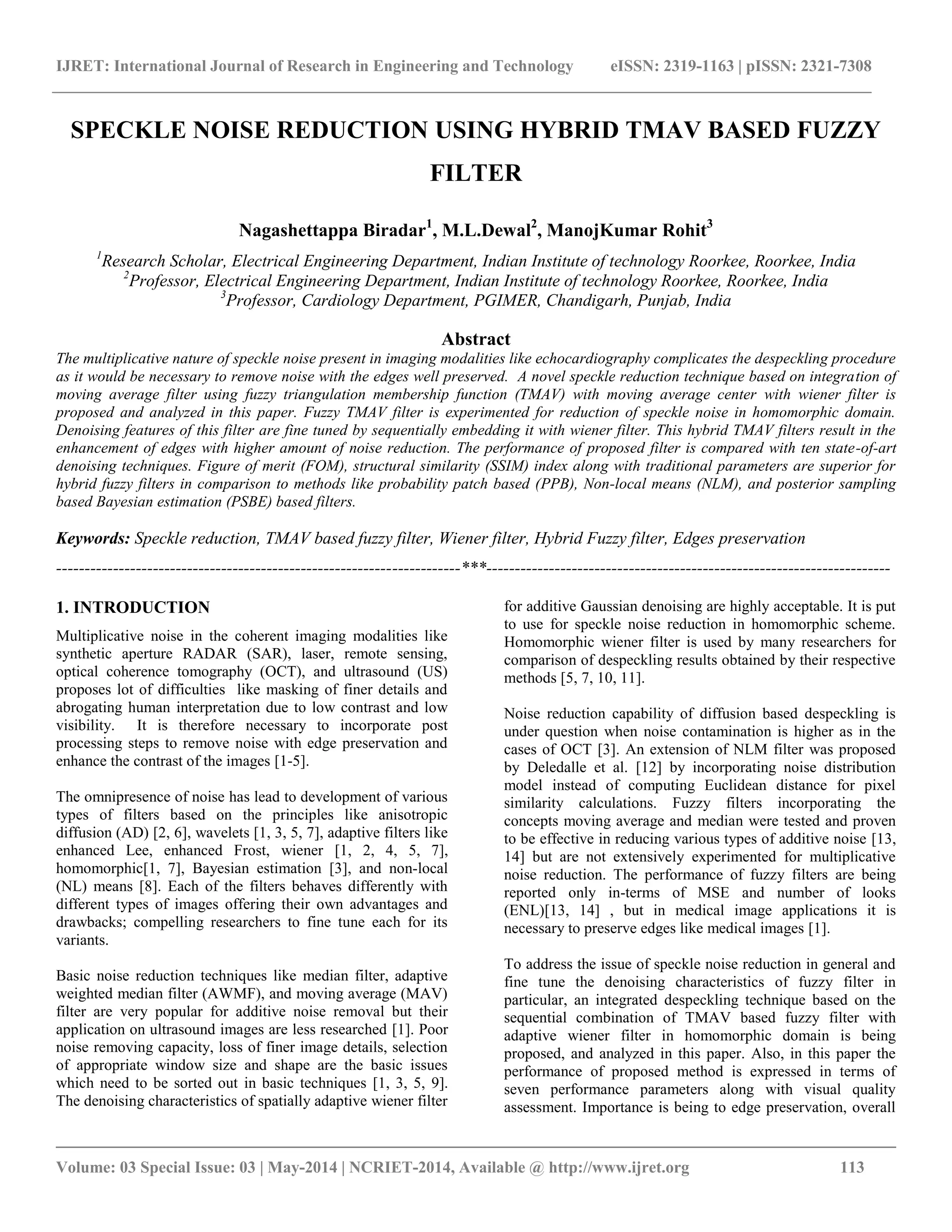 Speckle Noise Reduction Using Hybrid Tmav Based Fuzzy Filter Pdf