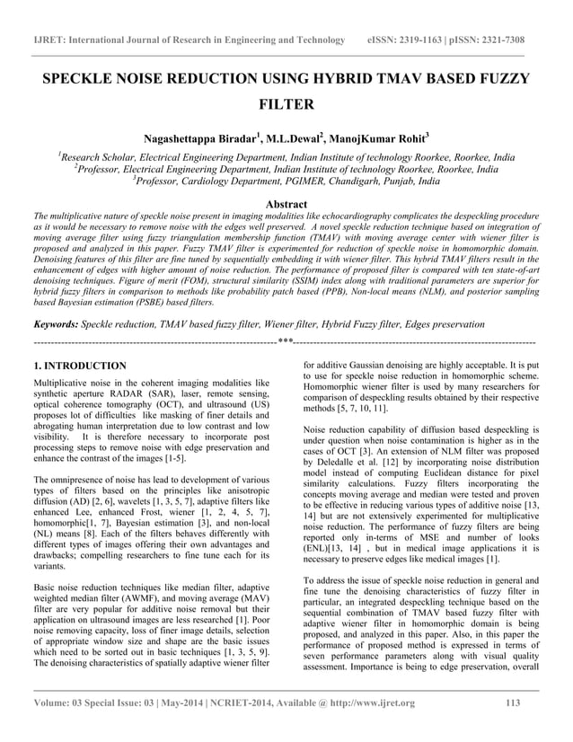 Speckle Noise Reduction Using Hybrid Tmav Based Fuzzy Filter Pdf