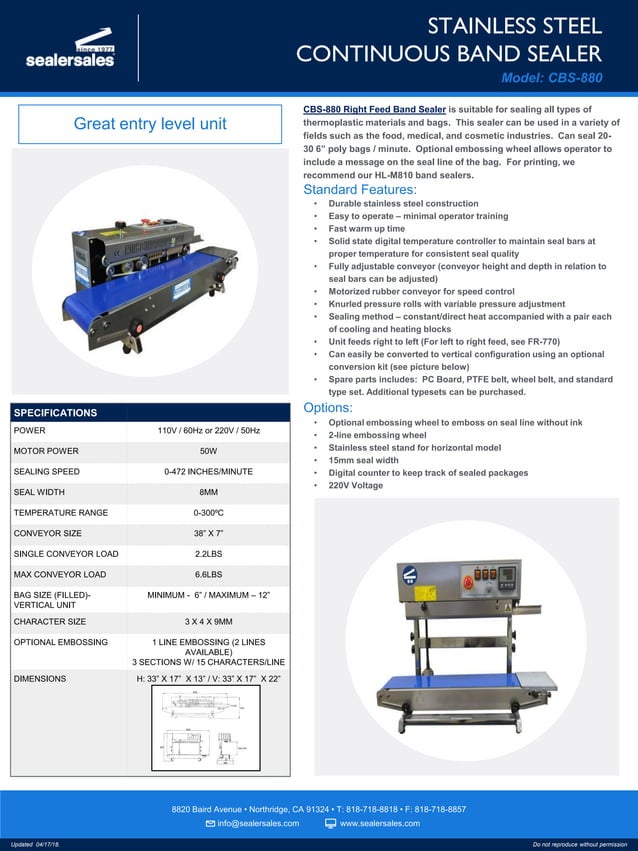 CBS-880 Band Sealer Specsheet | PDF