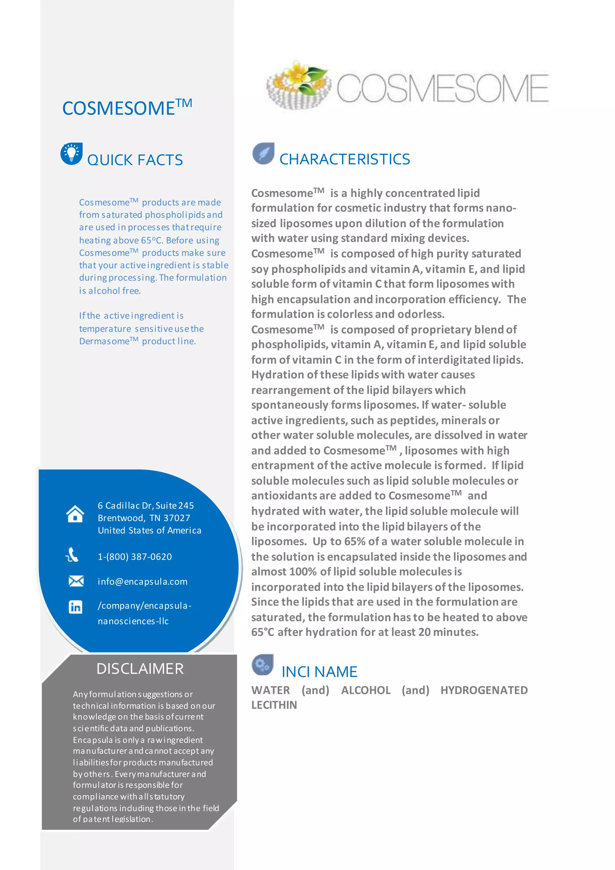 Product Spec Sheet Spec sheets cosmesome | PDF