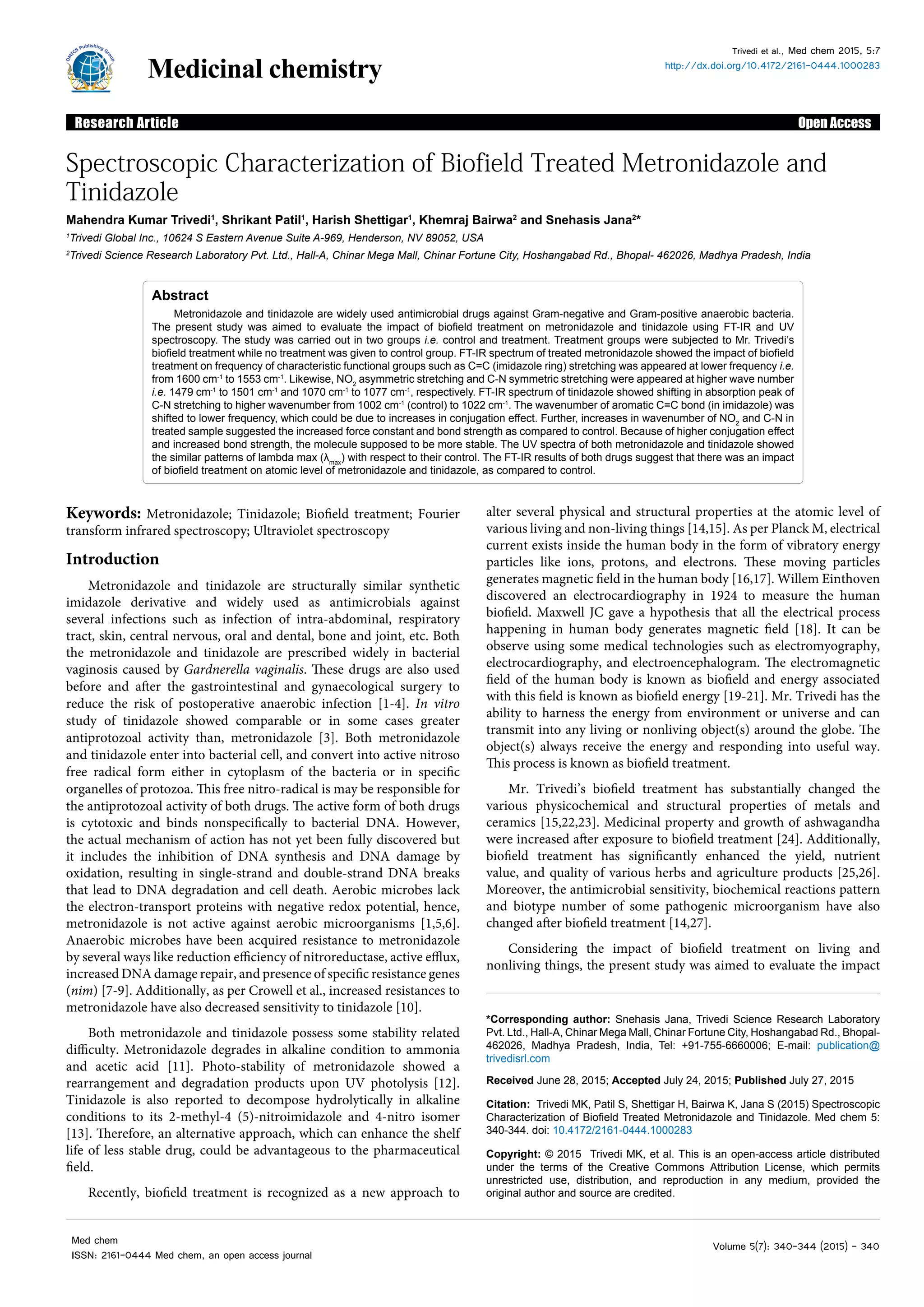 Spectroscopic Characterization Of Biofield Treated Metronidazole And Tinidazole Pdf