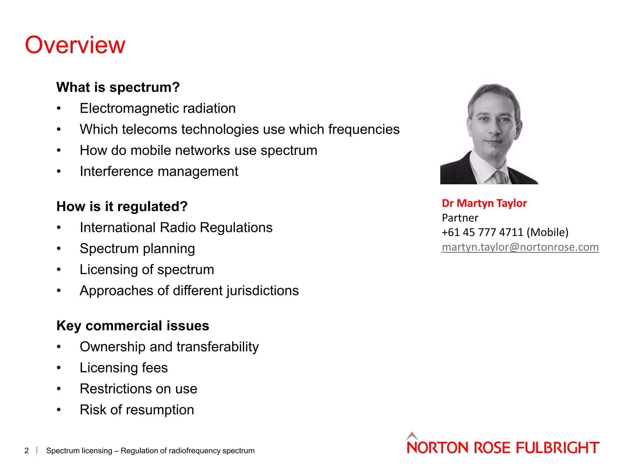 Telecoms spectrum licensing - regulation of radiofrequency spectrum | PPT