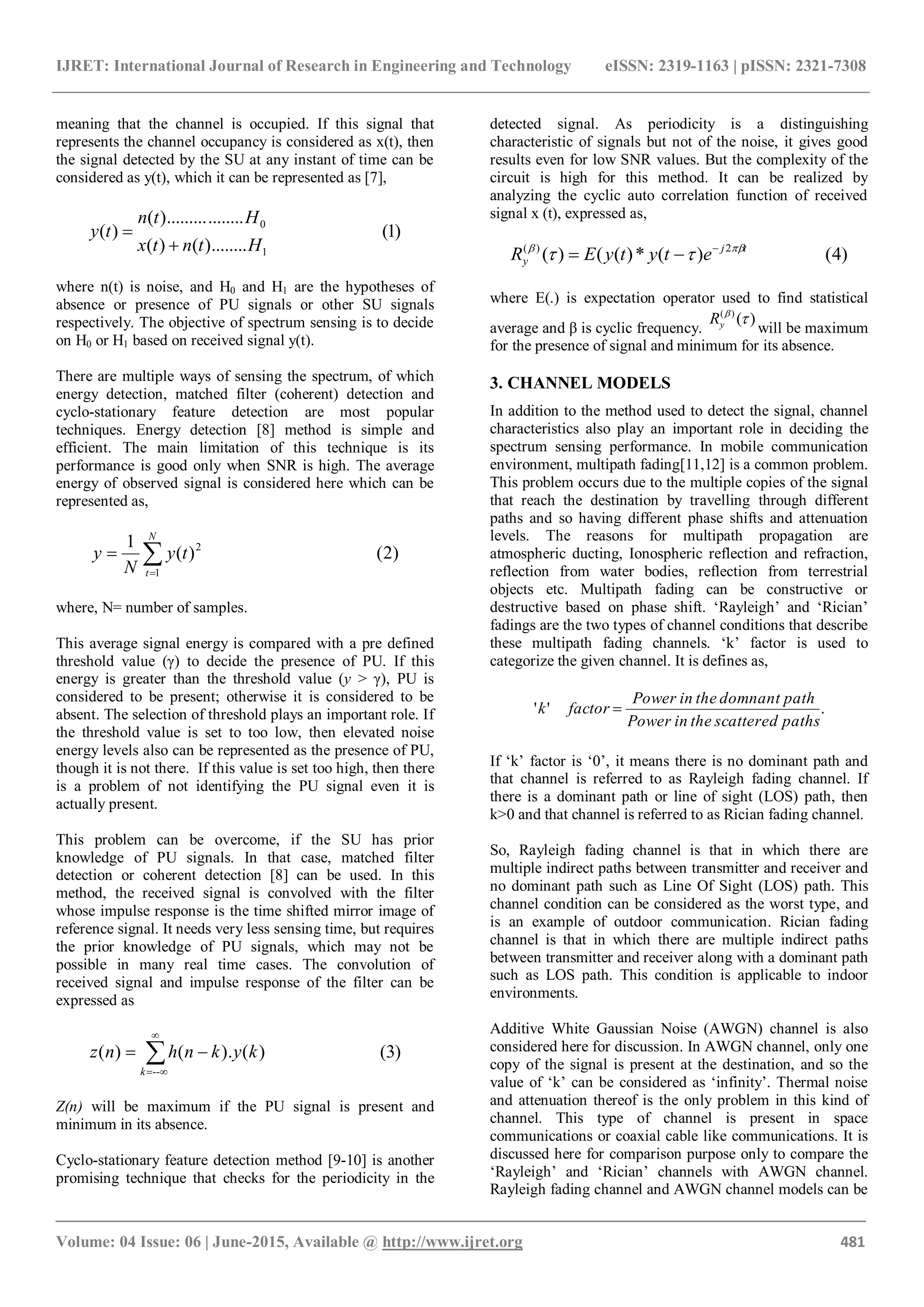 Spectrum Sensing Performance Of Cognitive Radio Under Awgn And Fading