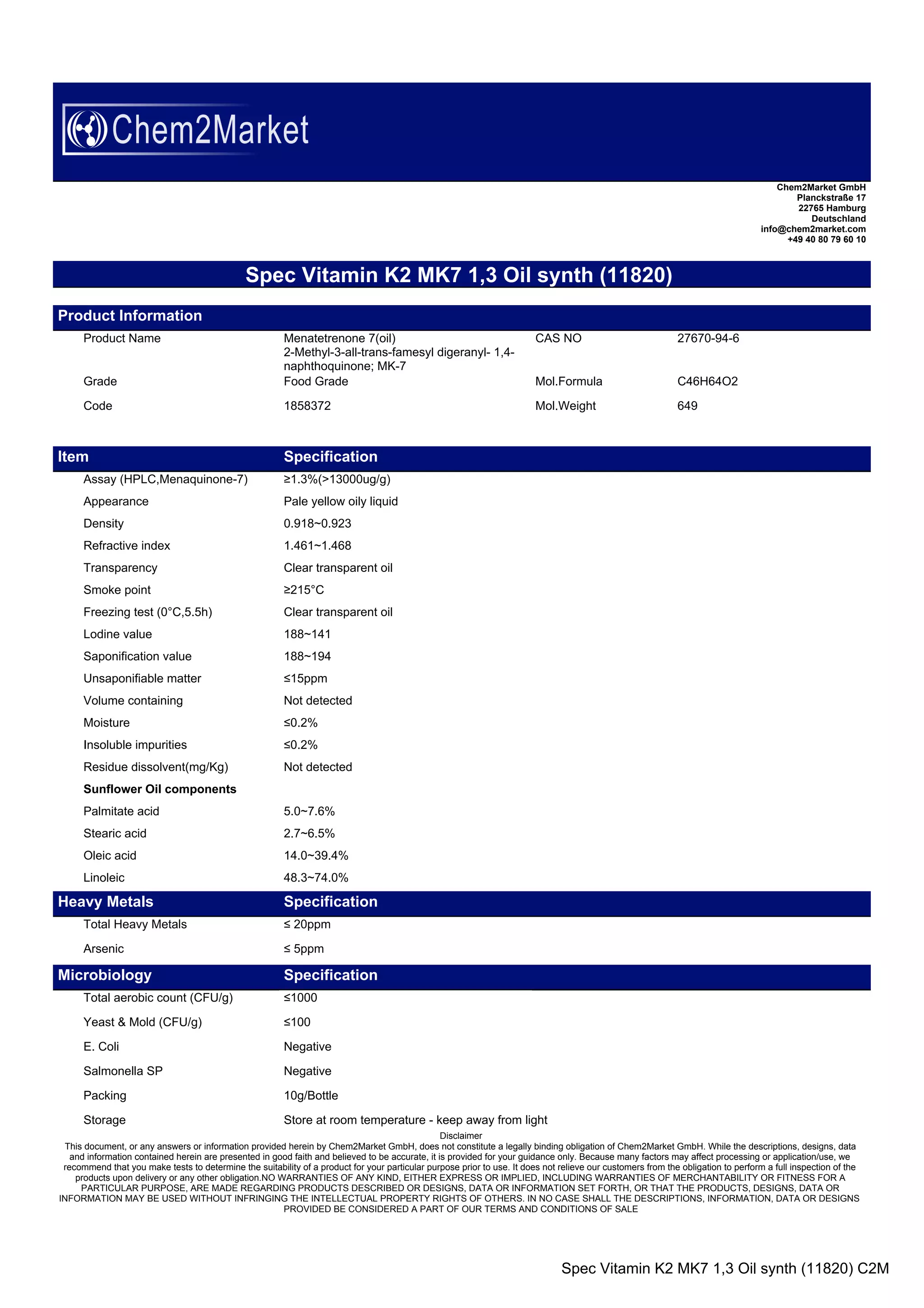 Spec vitamin k2 mk7 1,3 oil synth (11820) C2M | PDF